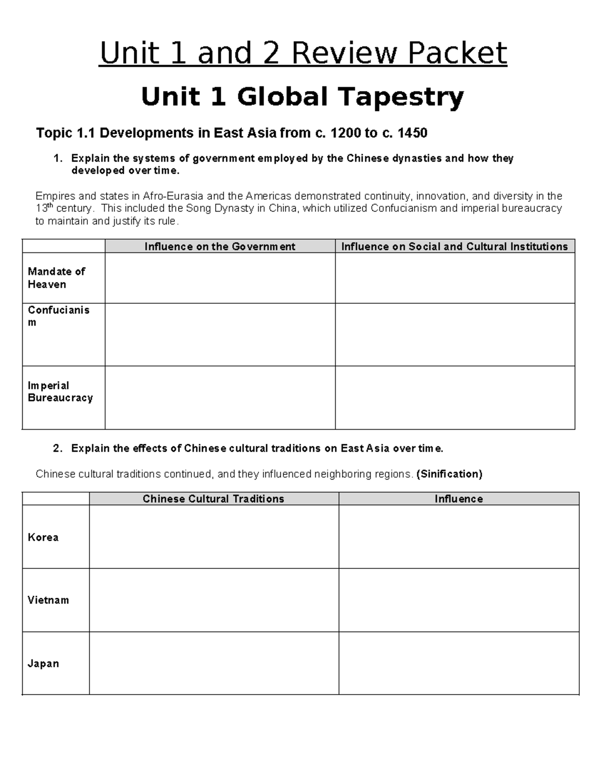 Unit 1 and 2 Review Packet 2021 2 - Unit 1 and 2 Review Packet Unit 1 ...