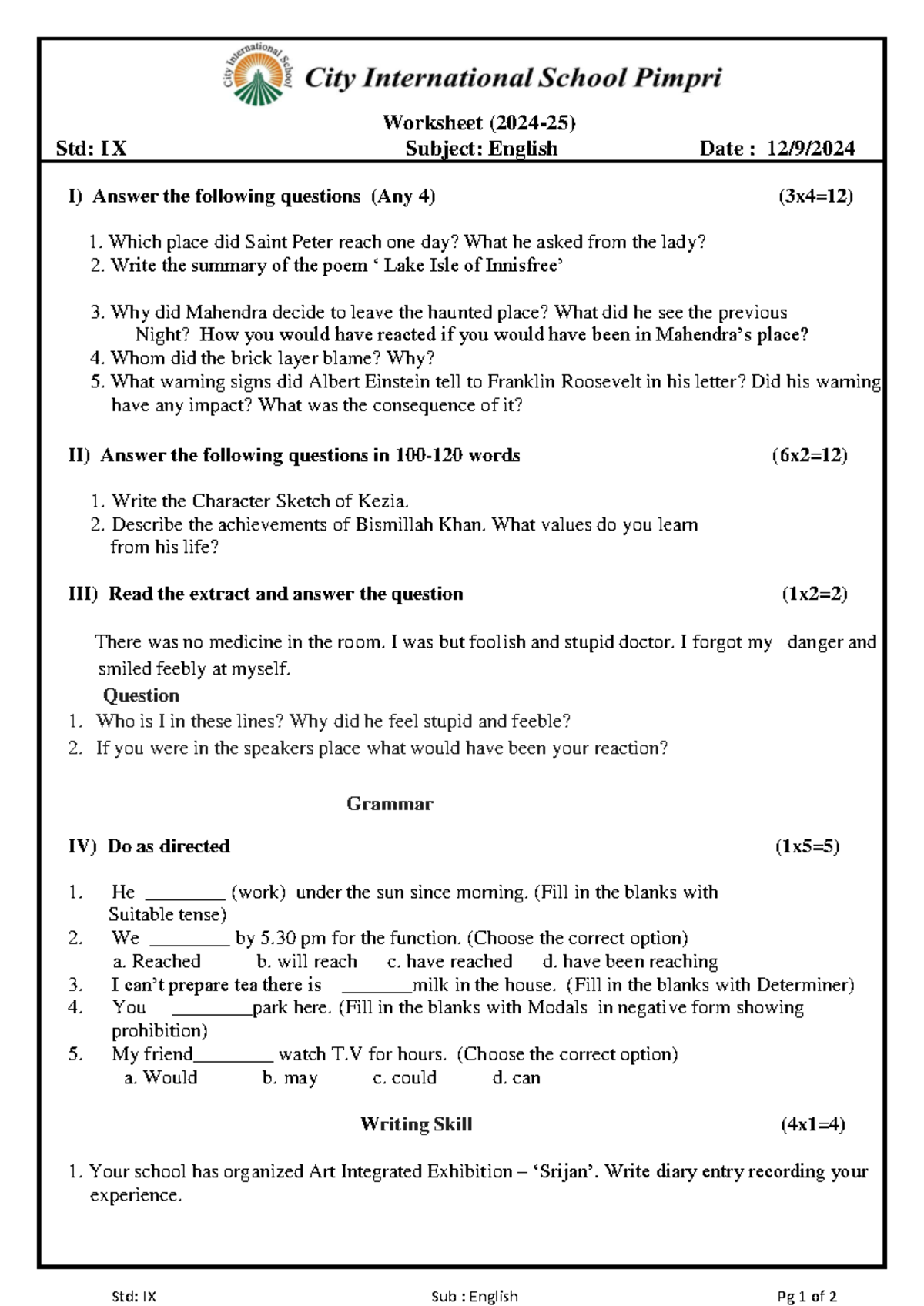 9 English Worksheet - idk - Std: IX Sub : English Pg 1 of 2 Worksheet ...