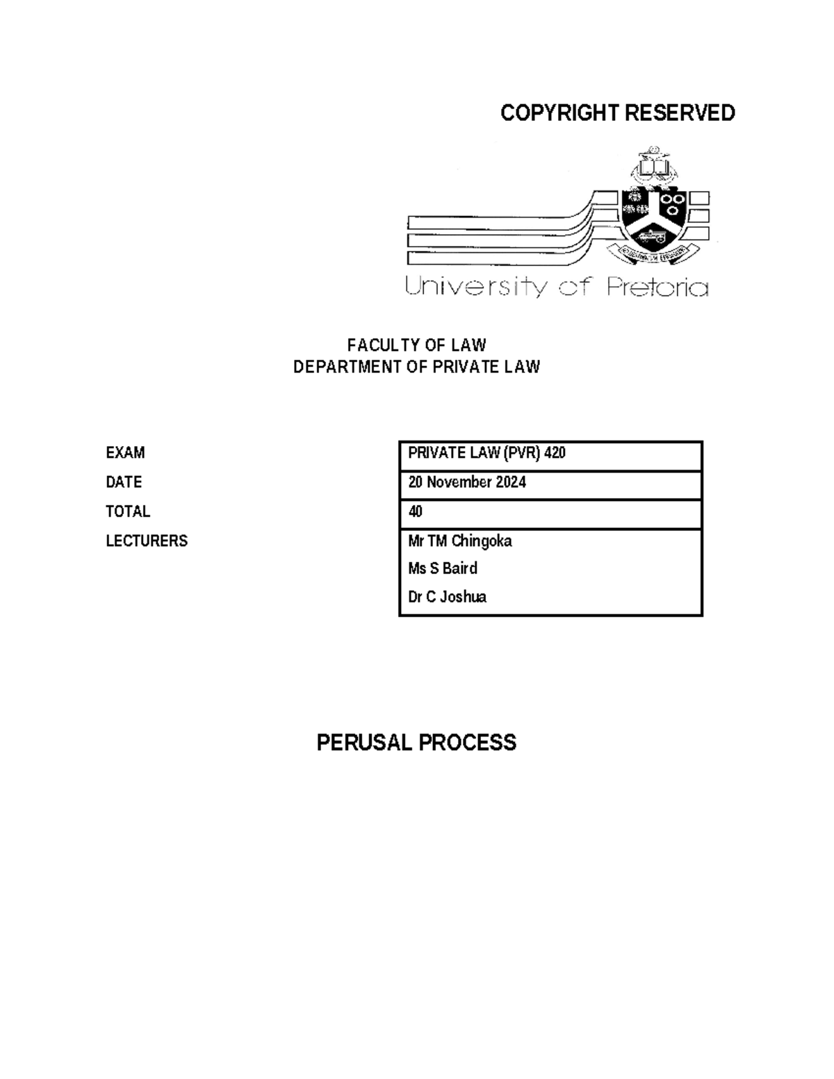 2024 PVR420 EXAM Perusal Form - COPYRIGHT RESERVED FACULTY OF LAW ...