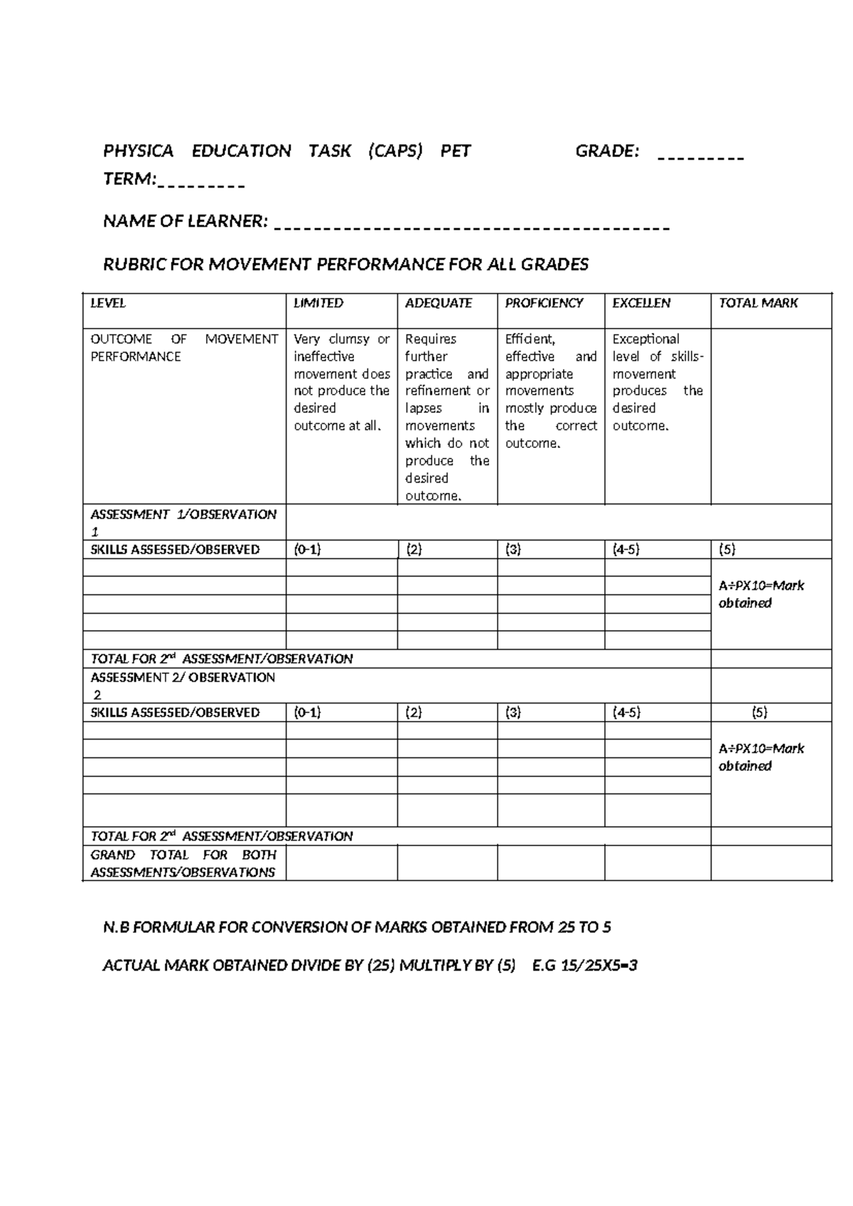 WORD Rubric FOR Movement Performance FOR Grade 10 TO 12 - PHYSICA ...