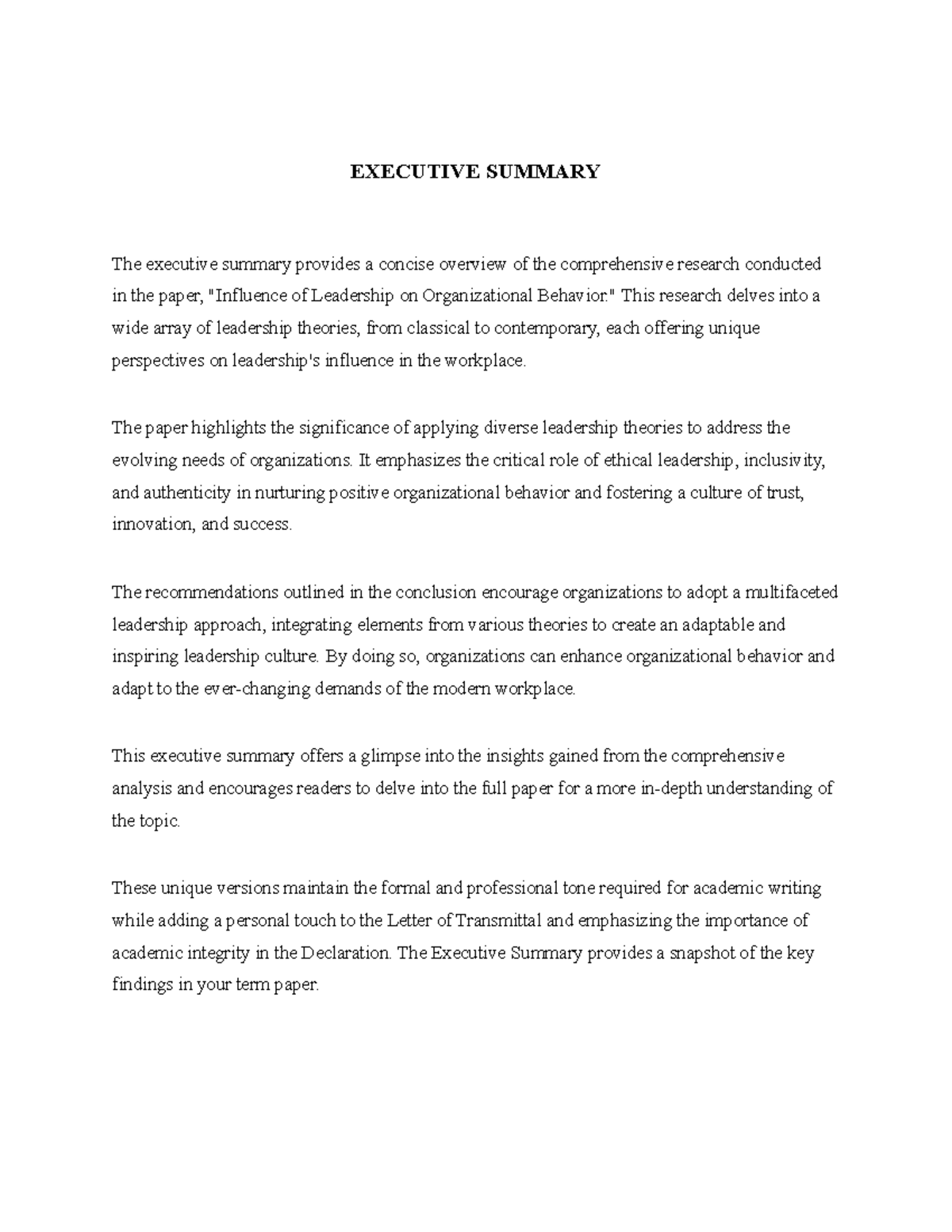 Leadership styles - EXECUTIVE SUMMARY The executive summary provides a ...