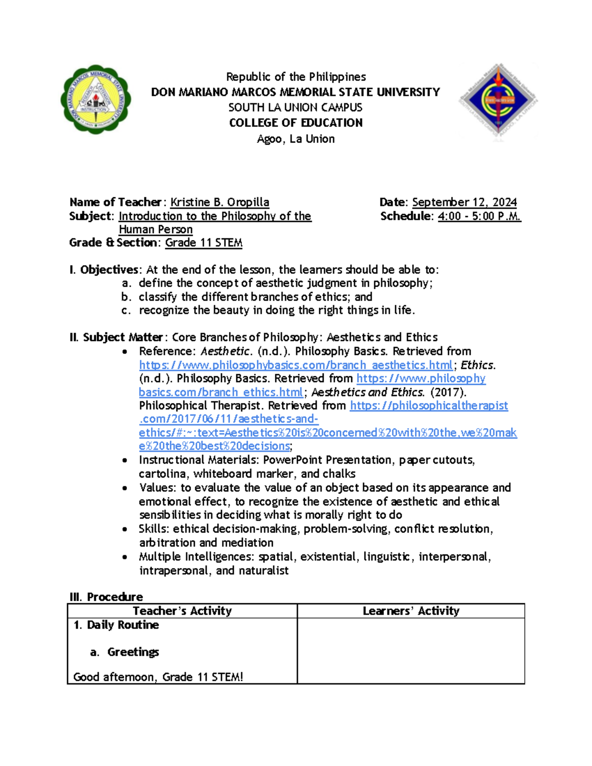Oropilla-Aesthetics-and-Ethics-Lesson-Plan-G11 - Republic of the ...