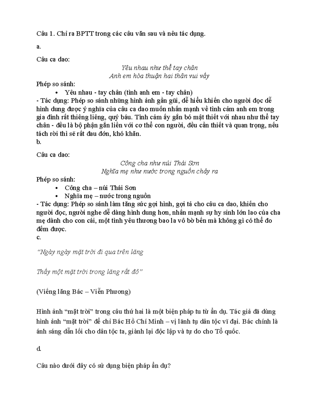BT - Bt ngữ âm học - Câu 1. Chỉ ra BPTT trong các câu văn sau và nêu tác dụng. a. Câu ca dao ...
