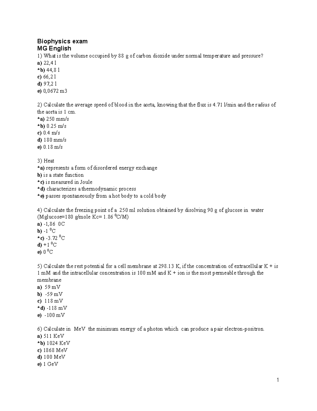 Exam September 2018, questions and answers - Biophysics exam MG English ...