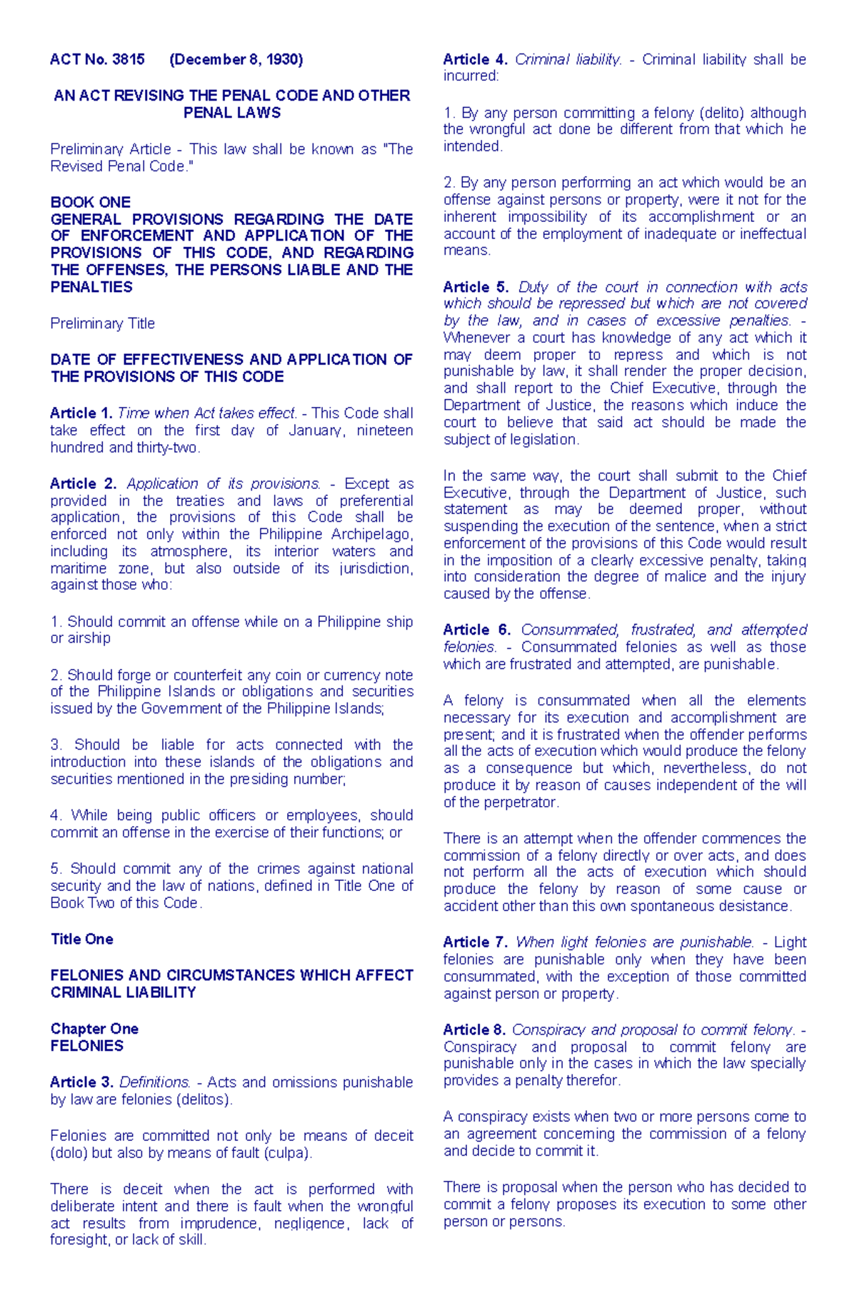 Revised Penal Code - ACT No. 3815 (December 8, 1930) AN ACT REVISING ...