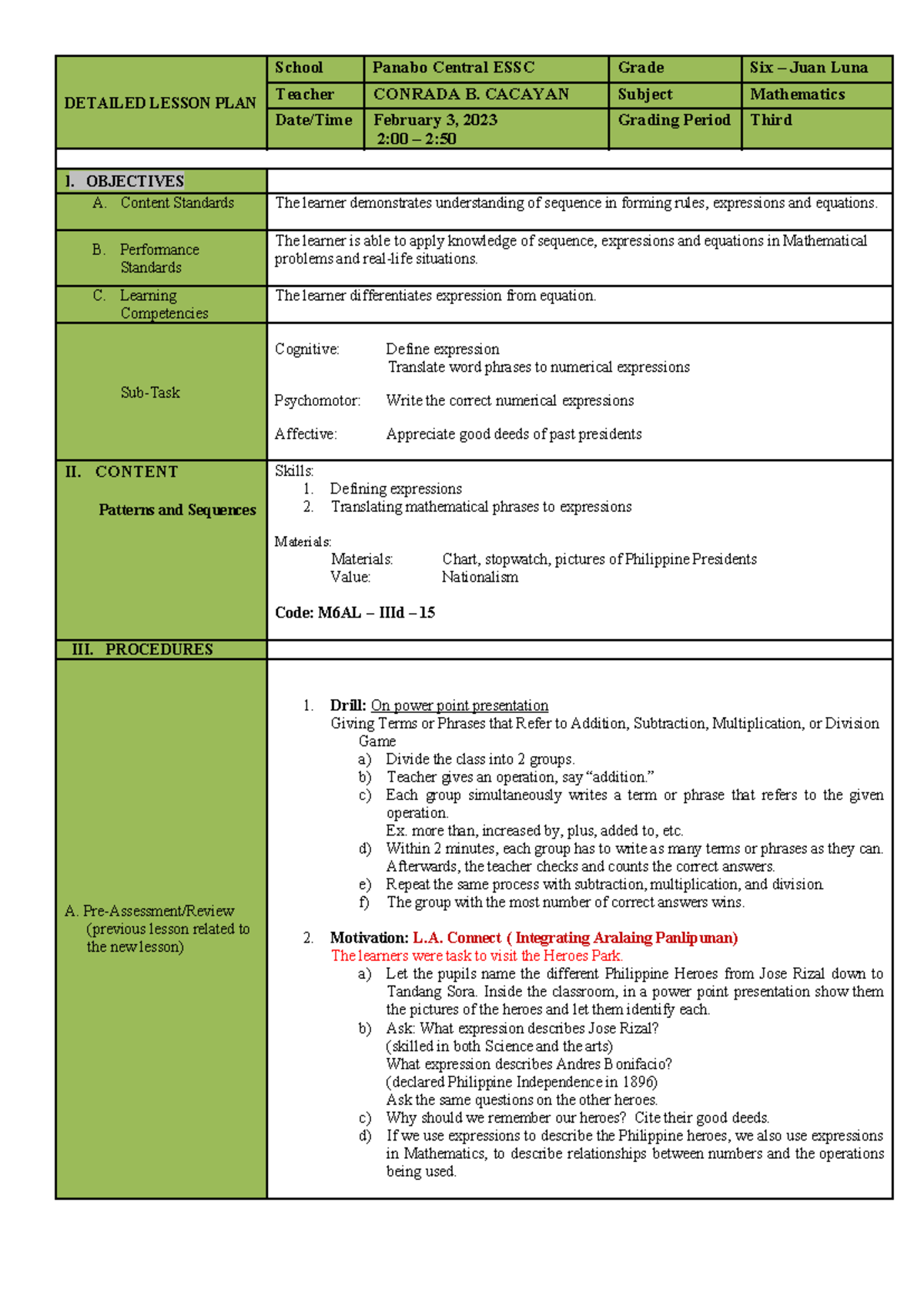 COT-Math-1 - Lesson plan - DETAILED LESSON PLAN School Panabo Central ...