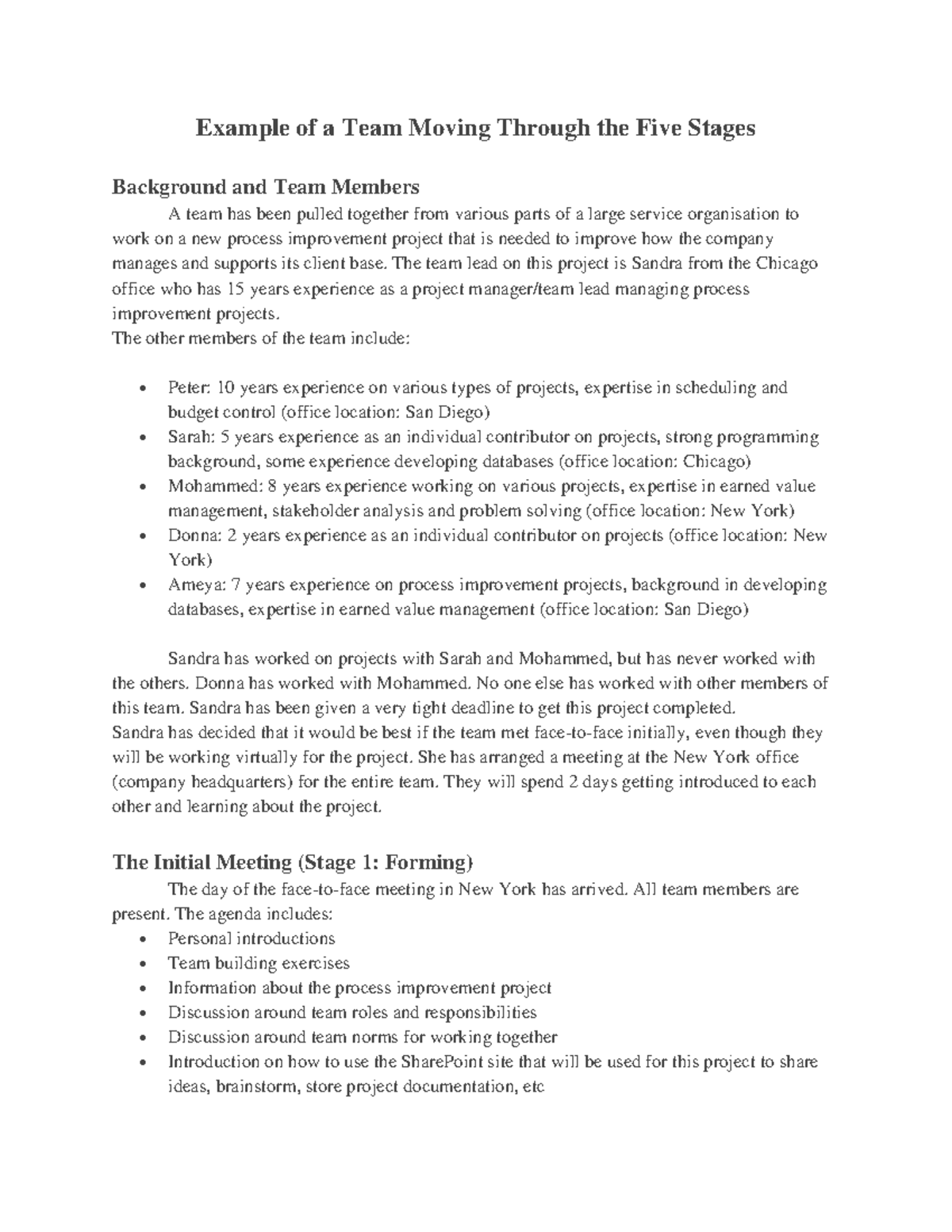 Example of a Team Moving Through the Five Stages - Example of a Team ...