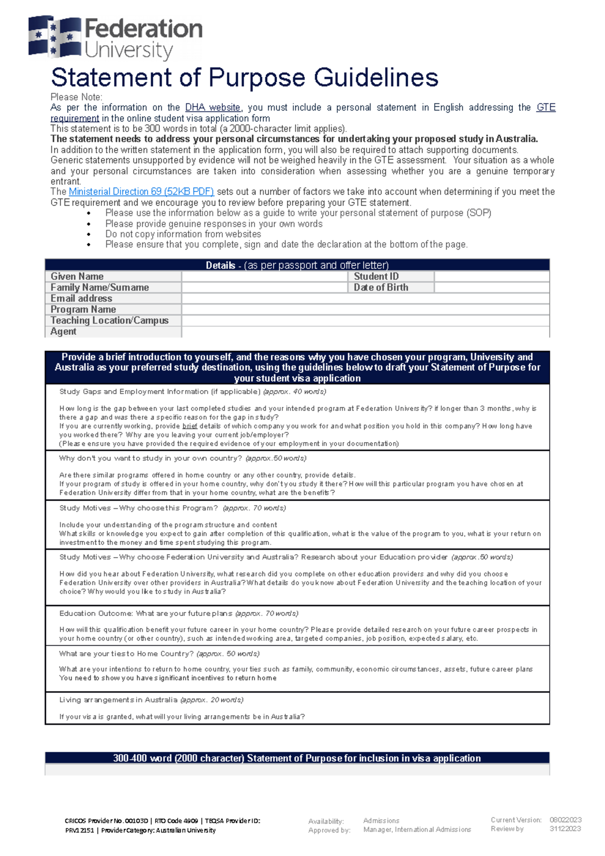 Statement of Purpose Guidelines 14022023 - Statement of Purpose ...