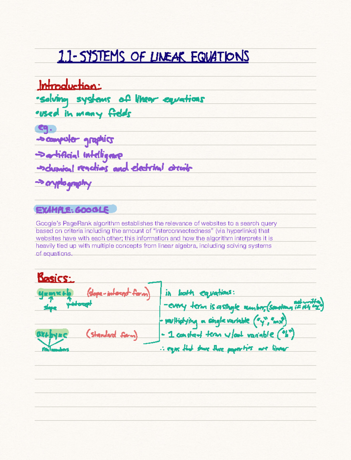 1.1 Systems of Linear Equations Note - I 1 SYSTEMS OF LINEAR EQUATIONS ...