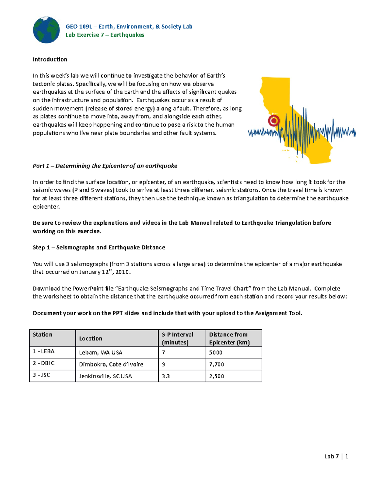 Lab+7+Earthquakes++F21 - GEO 109L – Earth, Environment, & Society Lab ...