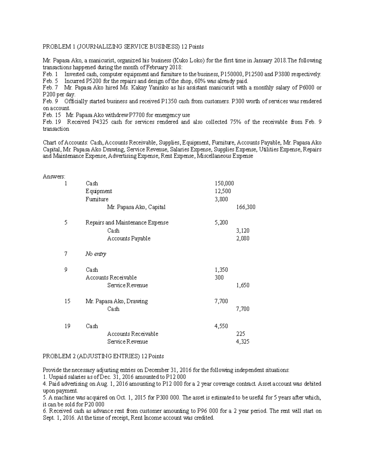 FAR EXAM PART I Answers - Lecture Notes - PROBLEM 1 (JOURNALIZING ...