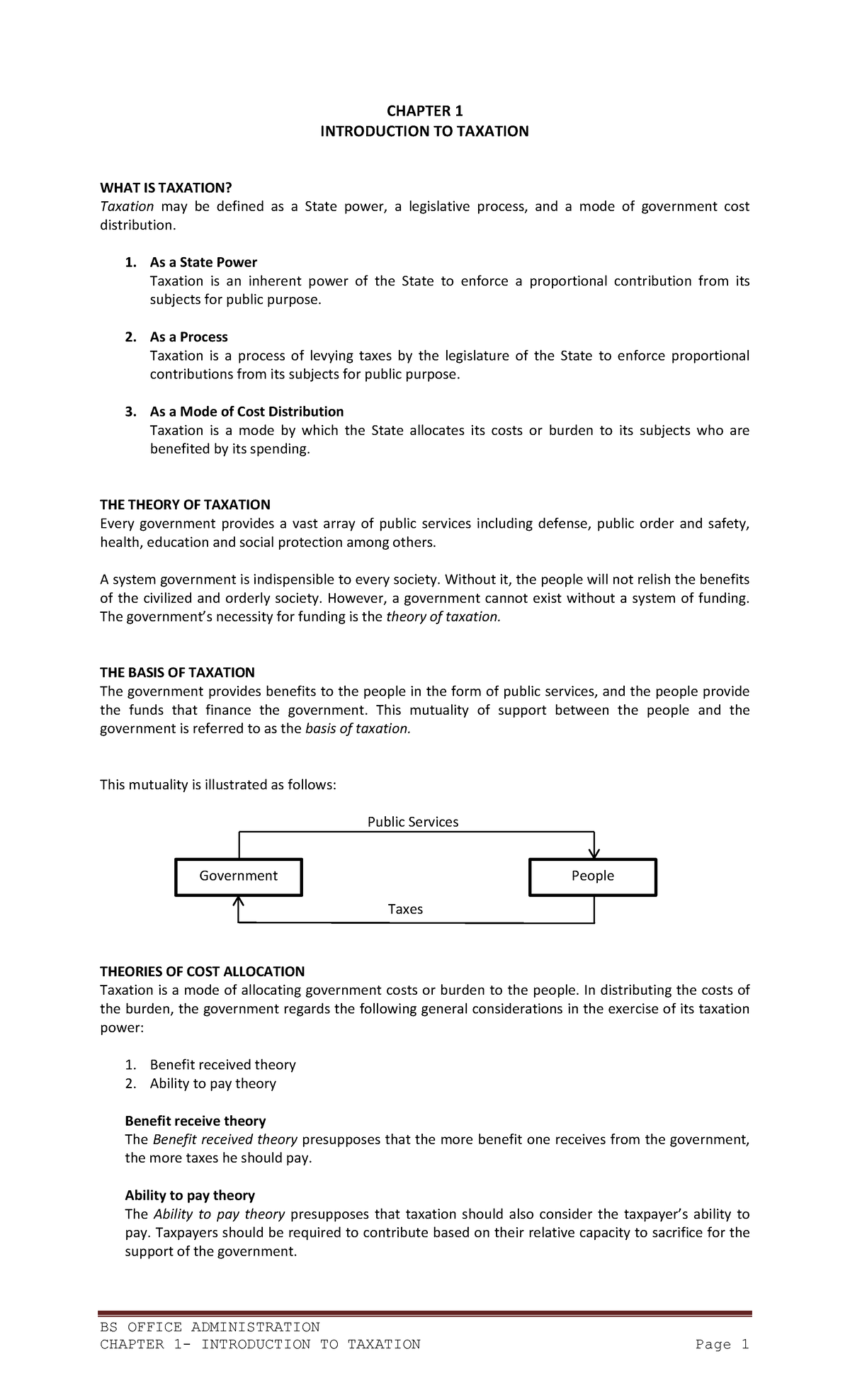 Taxation Chapter 1 BS OFFICE ADMINISTRATION CHAPTER 1 INTRODUCTION