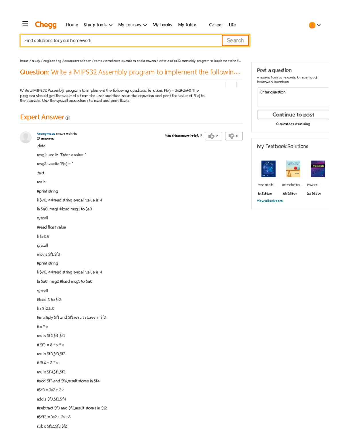 Write A MIPS32 Assembly Program To Implement The F... Chegg.com - Was this answer helpful? 2 0 ...