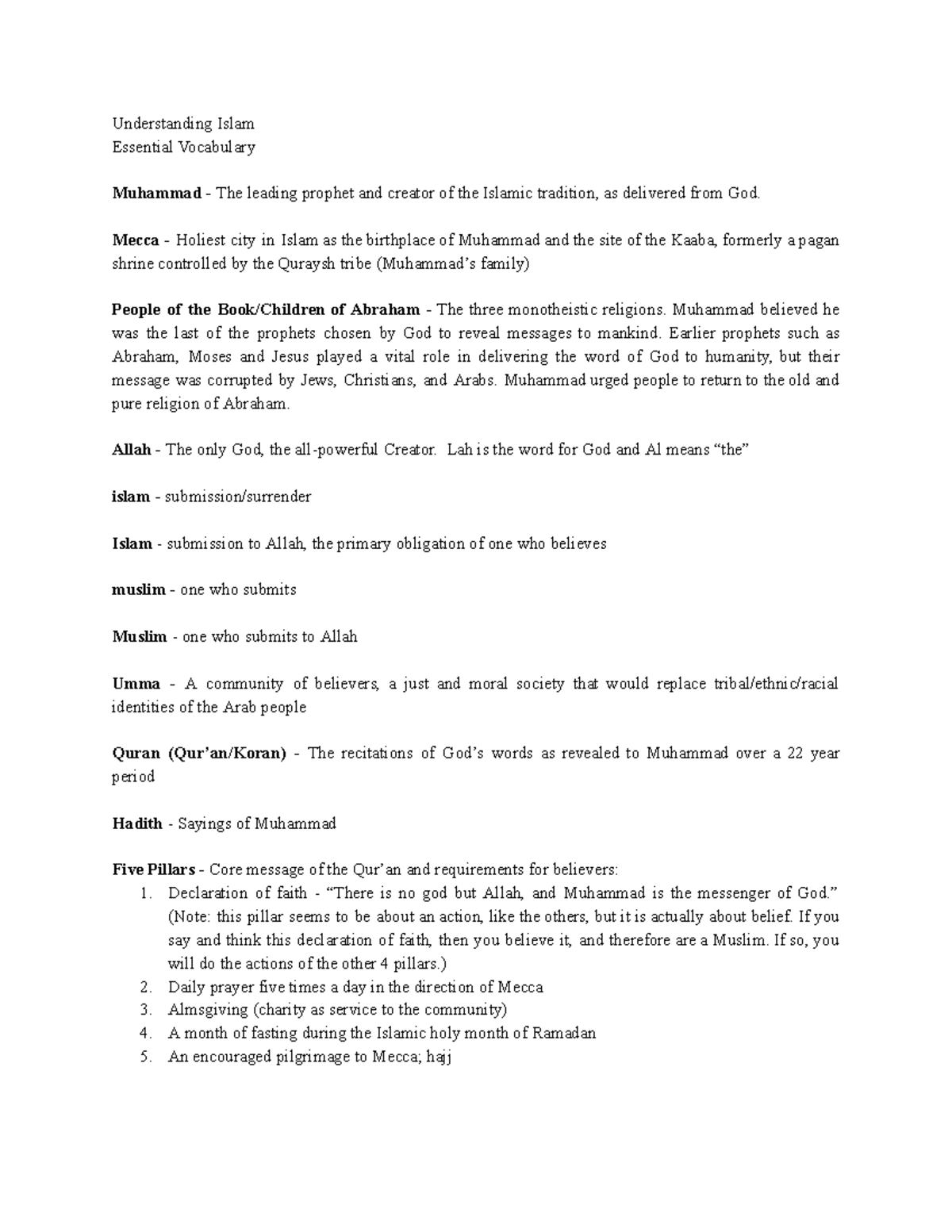 Essential Vocab of Islam KE - Understanding Islam Essential Vocabulary ...