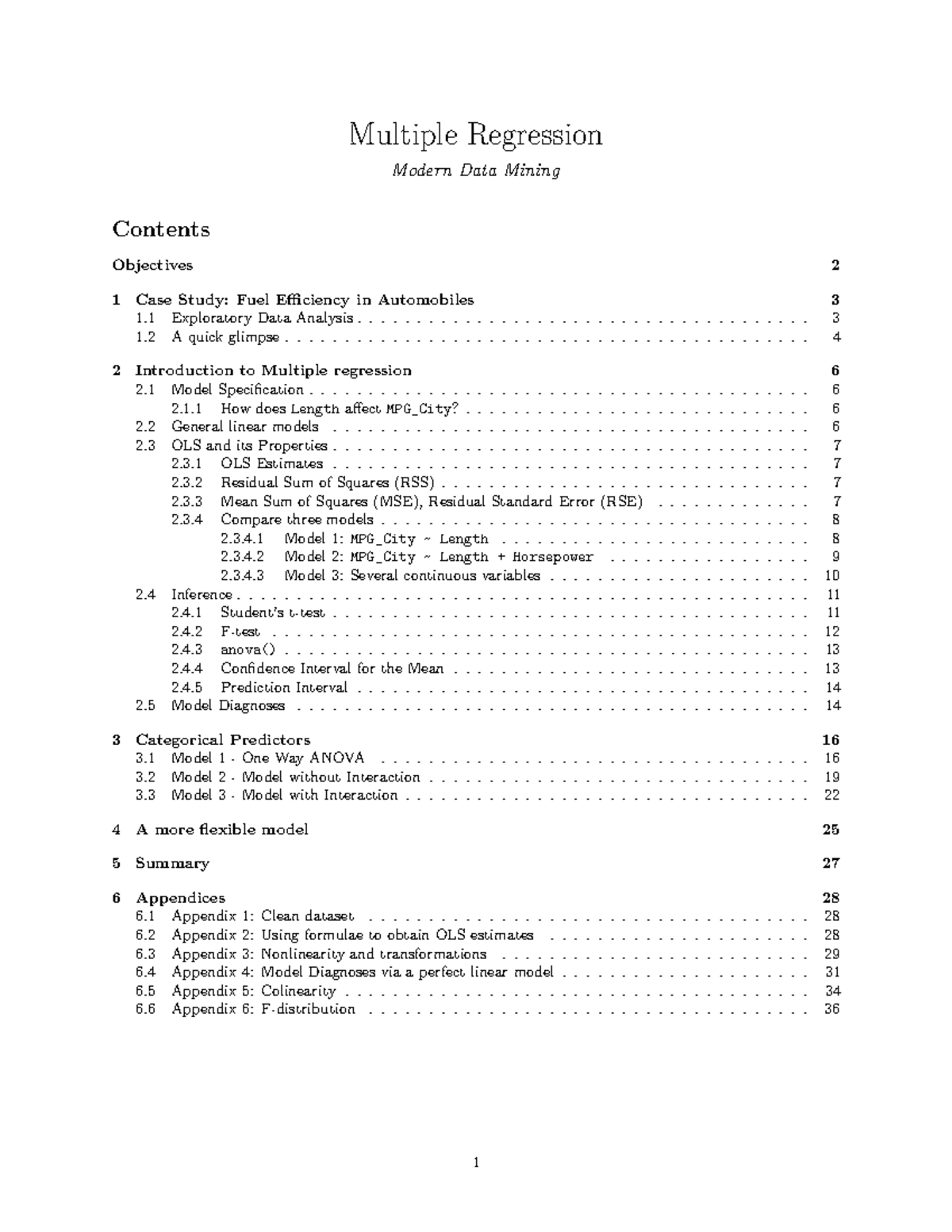 Lecture 2 multiple regression - Multiple Regression Modern Data Mining Objectives Contents 1 ...