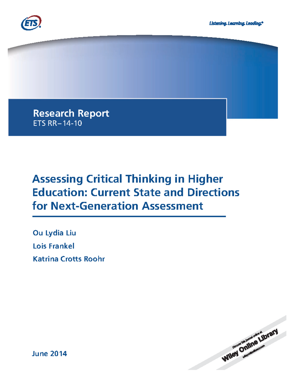 ETS Research Report Series - 20 1 4 - Liu - Assessing Critical Thinking ...
