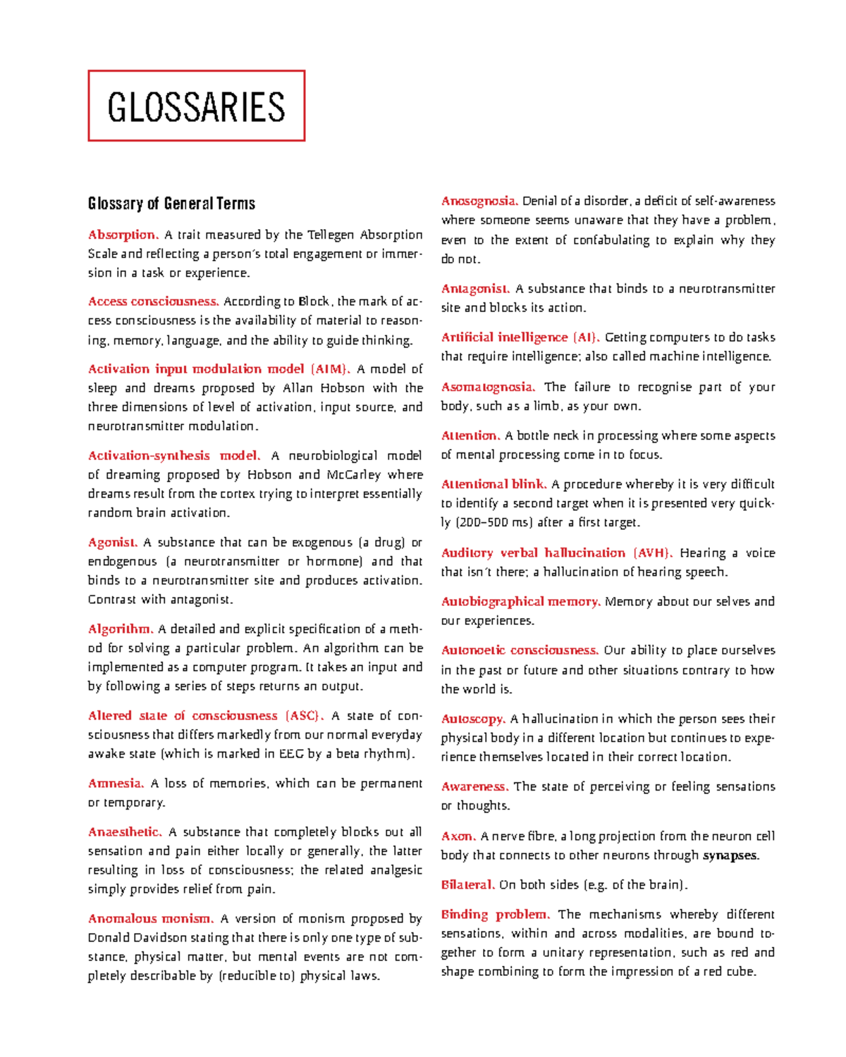 Glossary consciousness - Glossary of General Terms Absorption. A trait ...