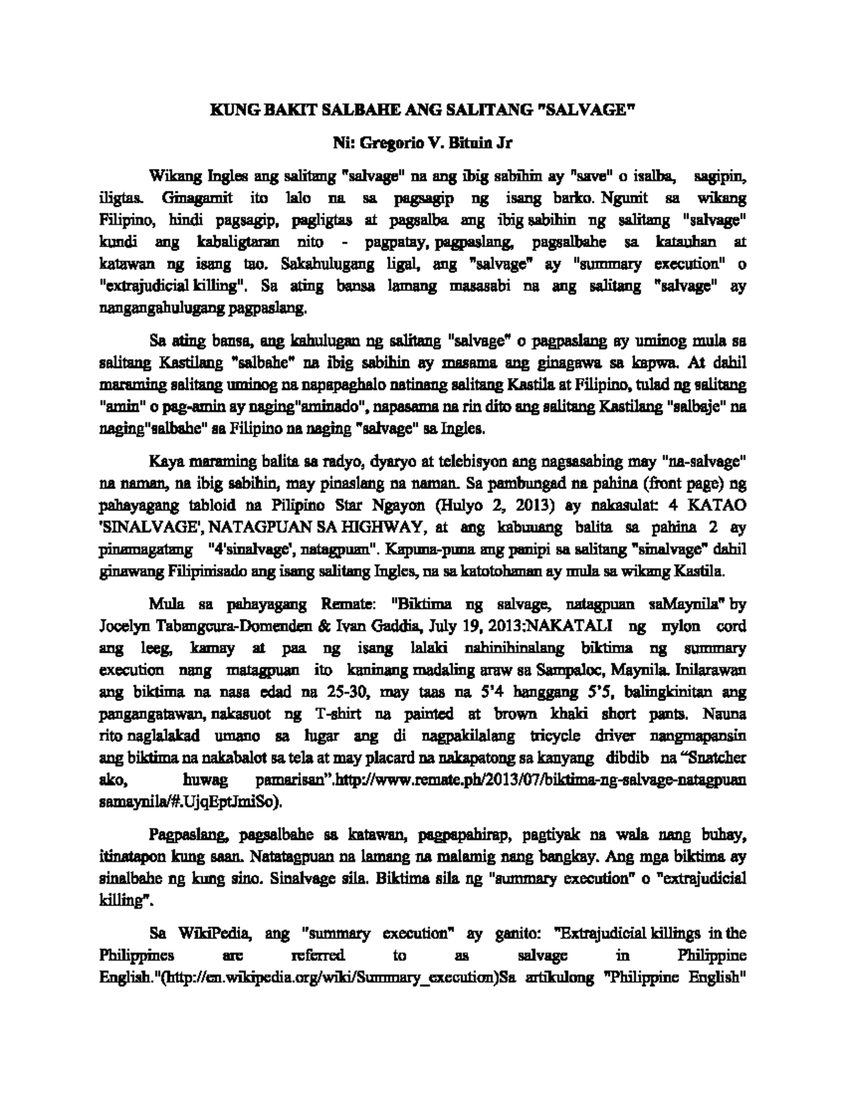 "Salvage" by Gregorio V. Bituin Jr. - BS Information Technology - Studocu