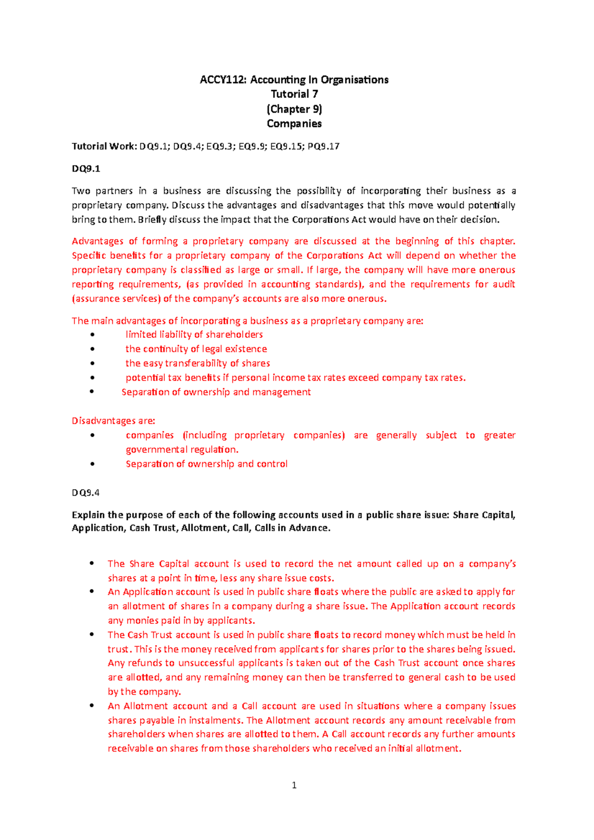 ACCY112 Tutorial 7 - ACCY112: Accounting In Organisations Tutorial 7 ...