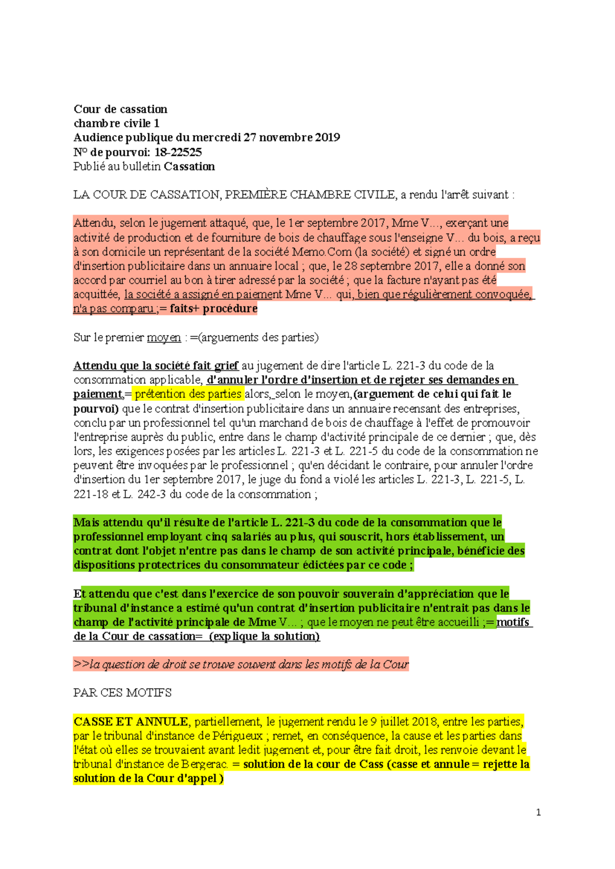 Exemple fiche d'arret - Cour de cassation chambre civile 1 Audience ...