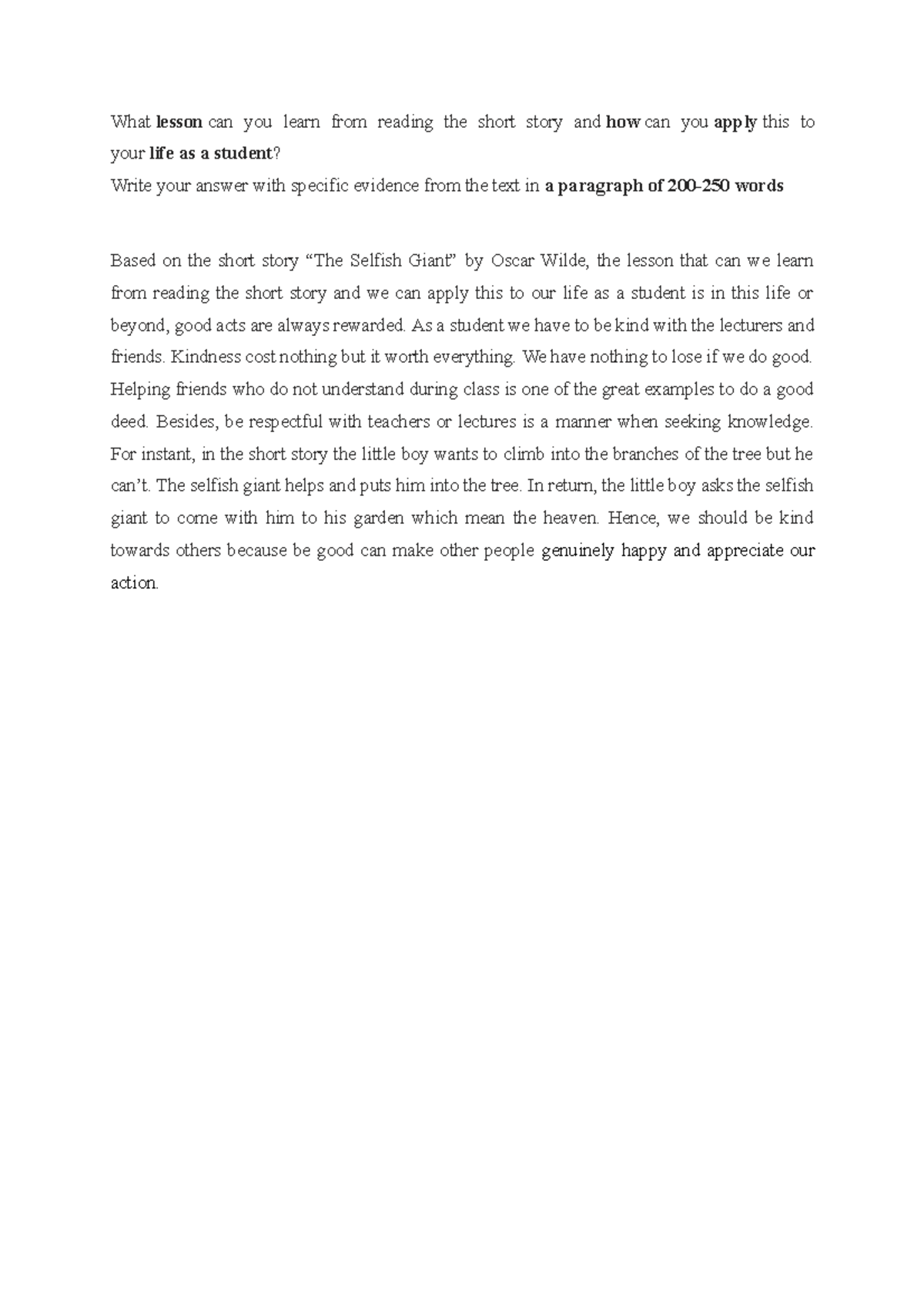 PRLA 2- The Selfish Giant - What lesson can you learn from reading the ...