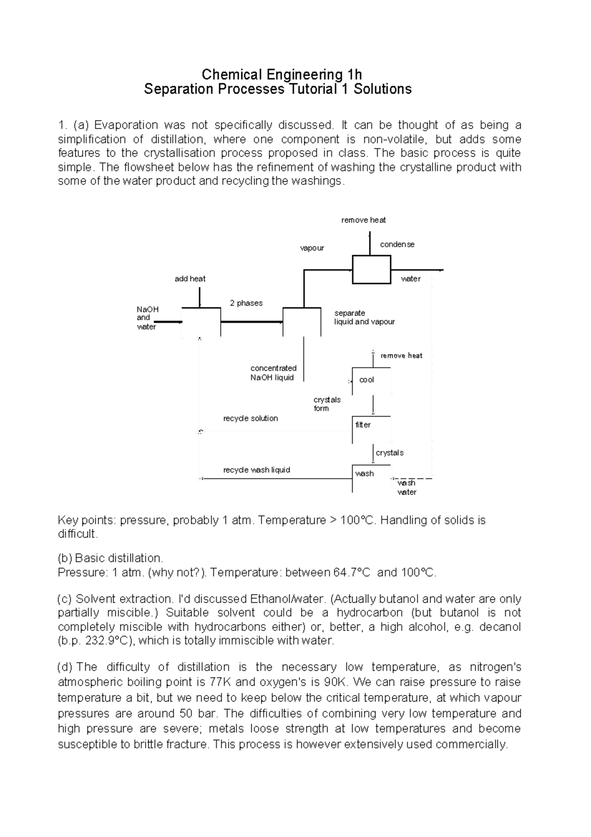 Tutorial 1 (Solutions) - Chemical Engineering 1h Separation Processes ...