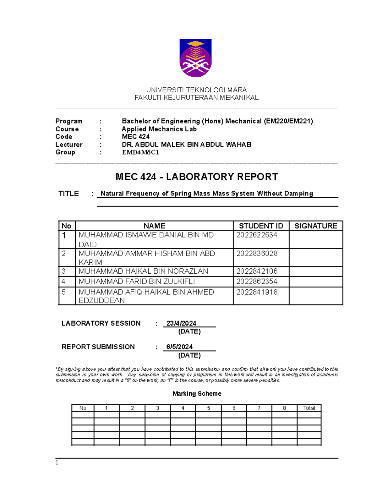 Lab report Exp 1 FREE VIBRATION EXPERIMENT - UNIVERSITI TEKNOLOGI MARA ...