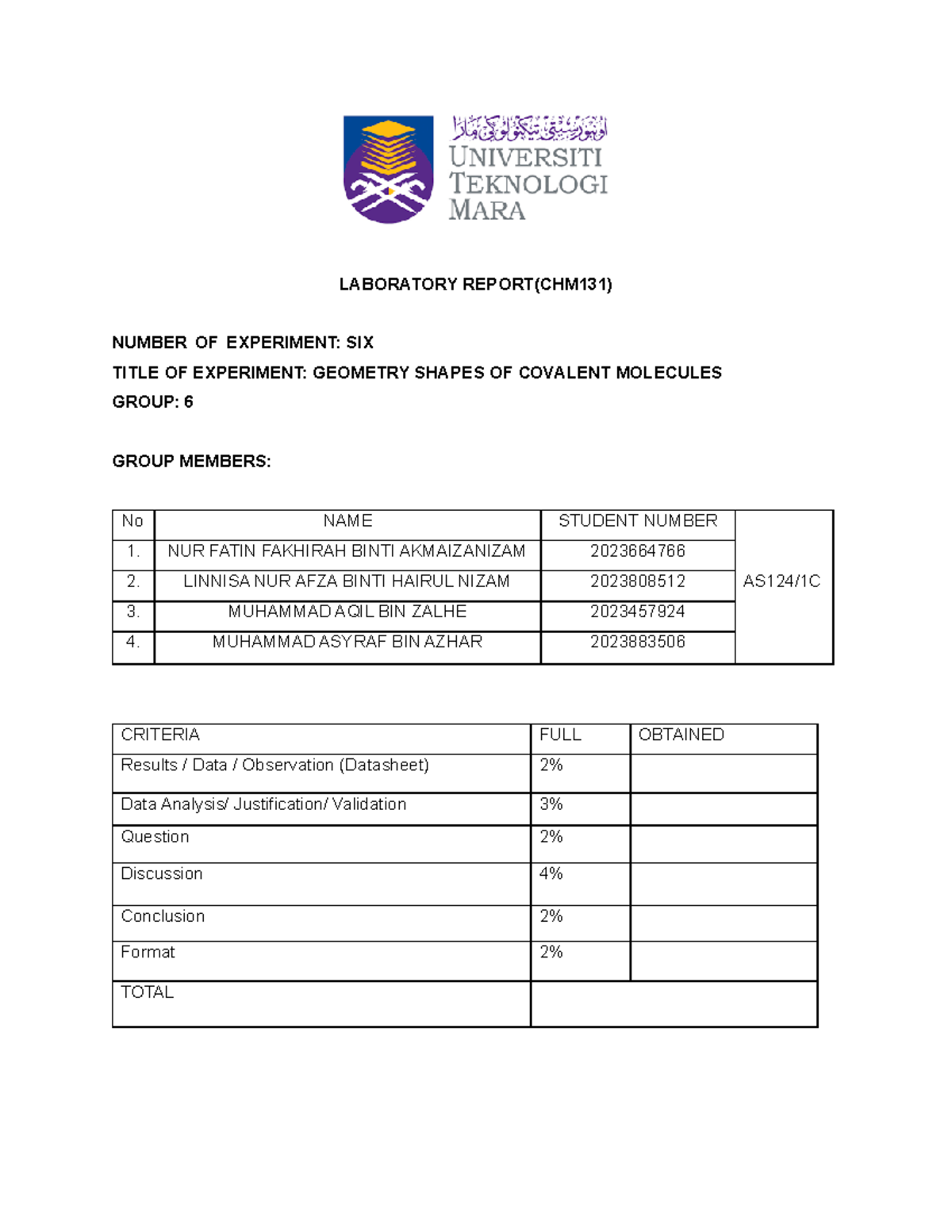 Chm lab report exp 6 (group 6) - LABORATORY REPORT(CHM131) NUMBER OF ...