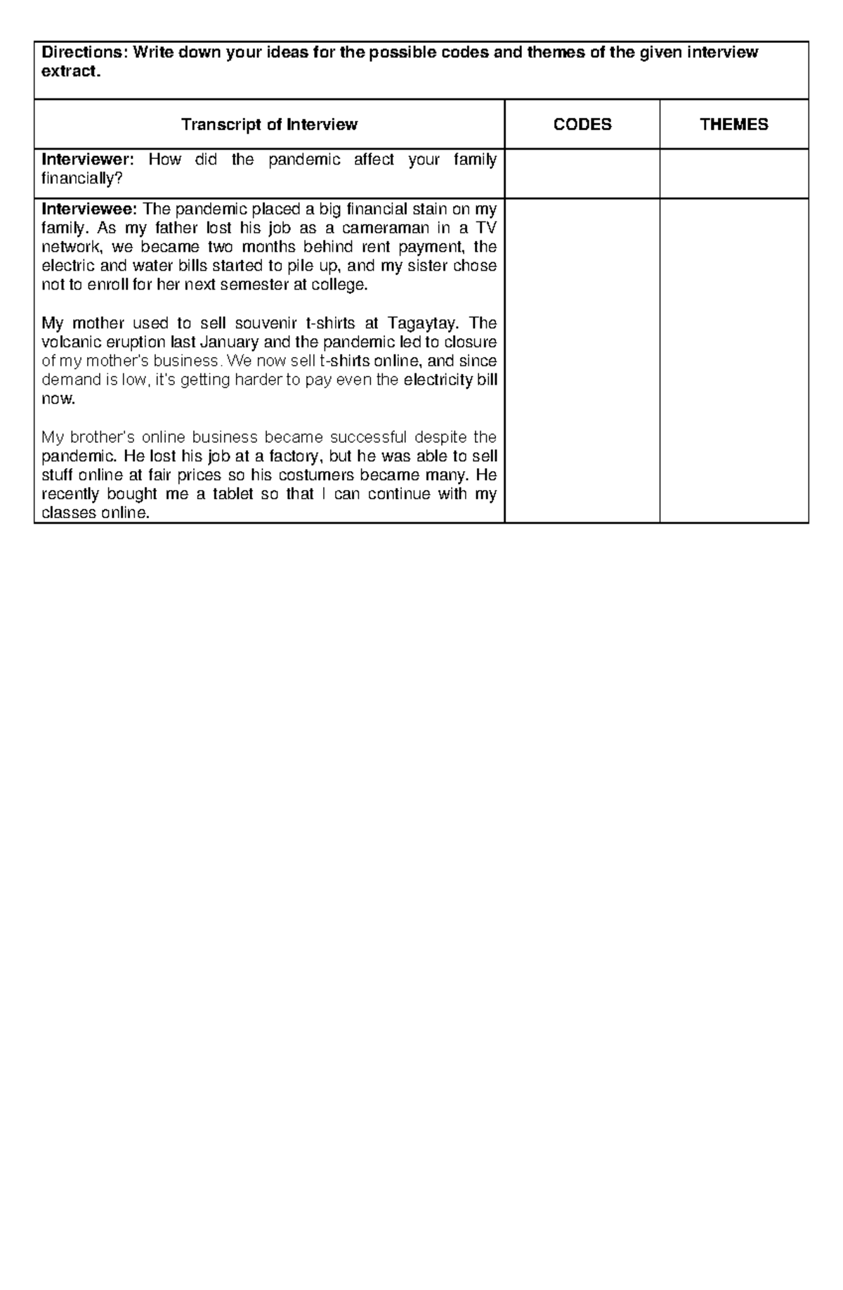 Coding Activity 2 - Directions: Write down your ideas for the possible ...