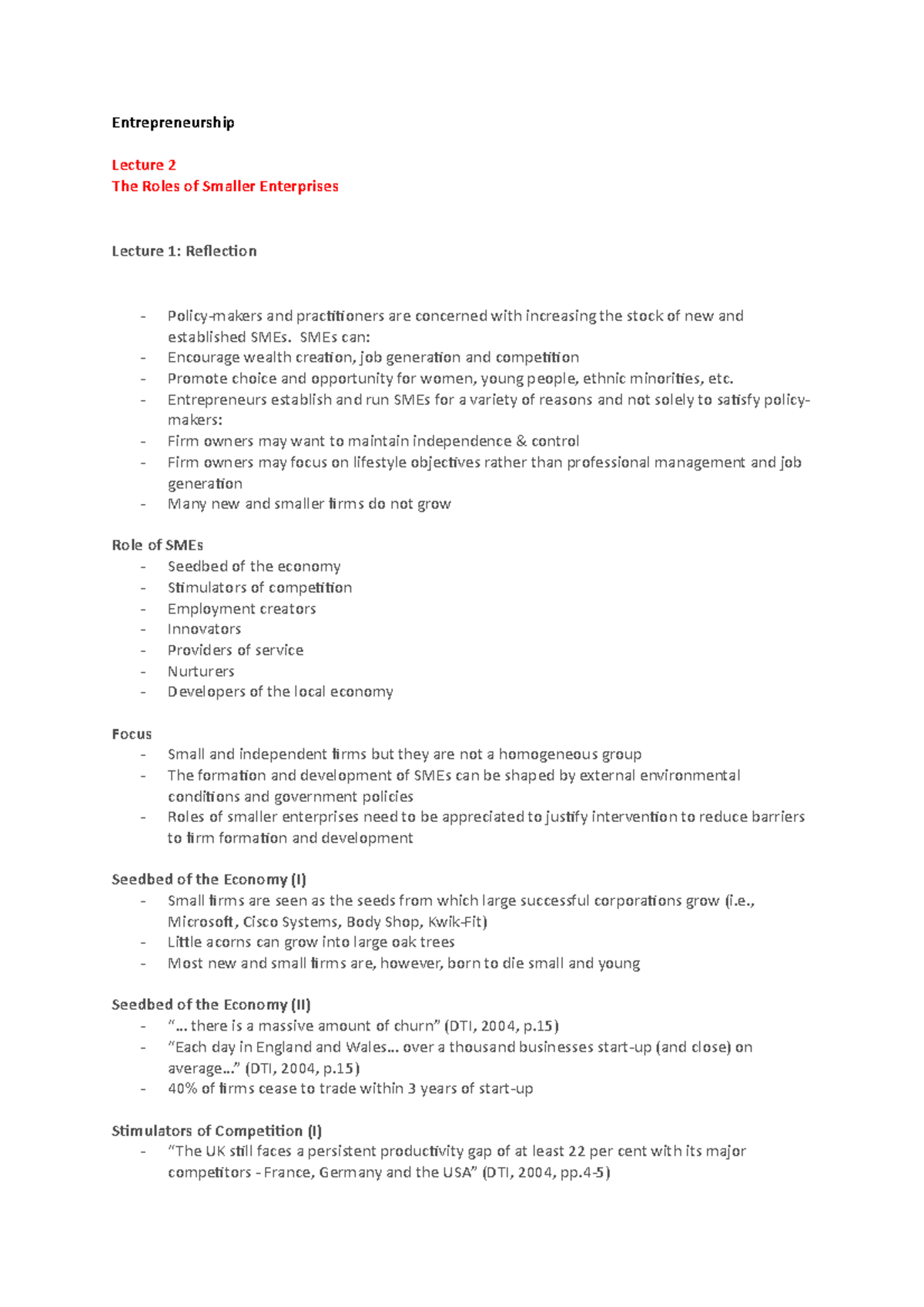 Entrepreneurship - Lecture notes All - Entrepreneurship Lecture 2 The ...
