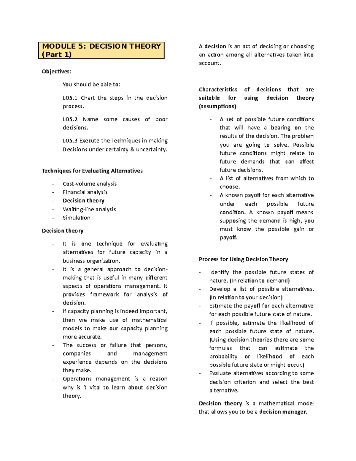CA5104 - Notes - MODULE 5: DECISION THEORY (Part 1) Objectives: You ...