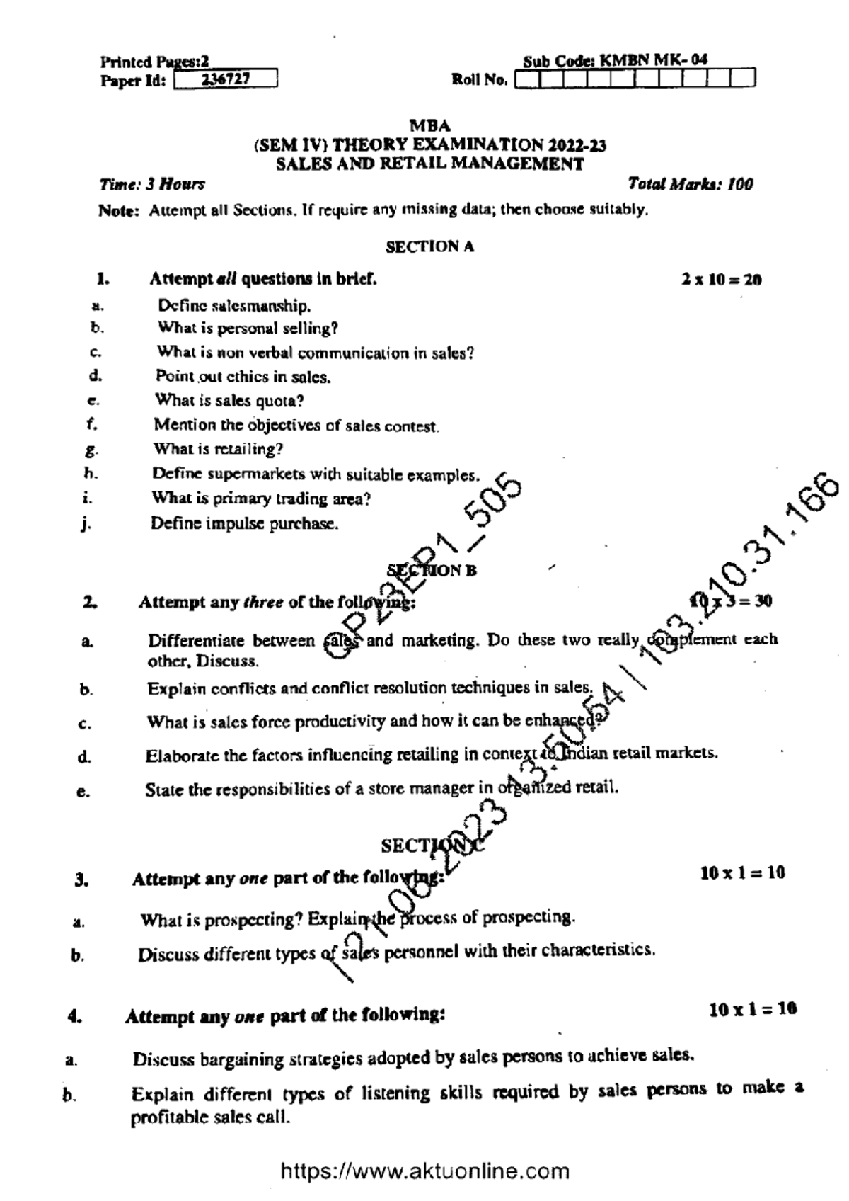 Mba-4-sem-sales-and-retail-management-kmbn-mk-04-jun-2023 - Bachelor of ...