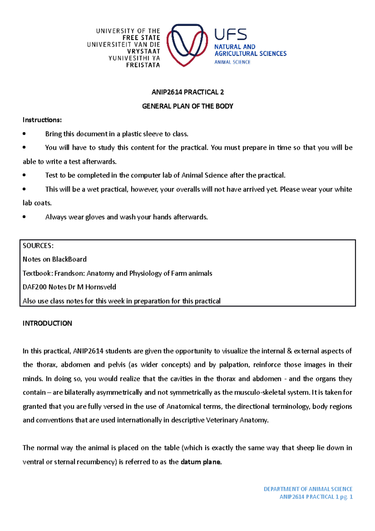 Practical 2 General PLAN OF THE BODY 2023 - ANIP2614 PRACTICAL 2 ...