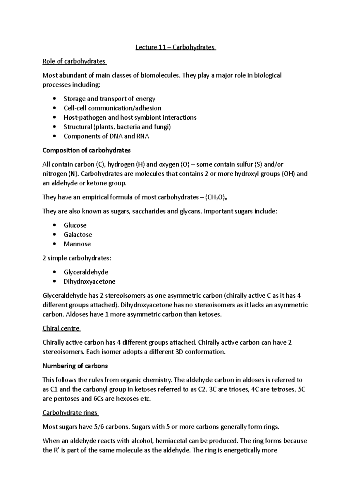 Lecture 11 - carbohydrates - Lecture 11 – Carbohydrates Role of ...