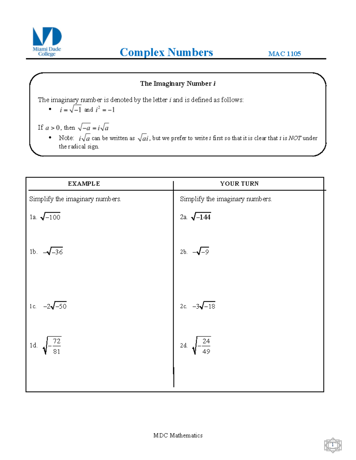 MAC1105Complex numbers Sec 1 - Complex Numbers MAC 1105 The Imaginary ...