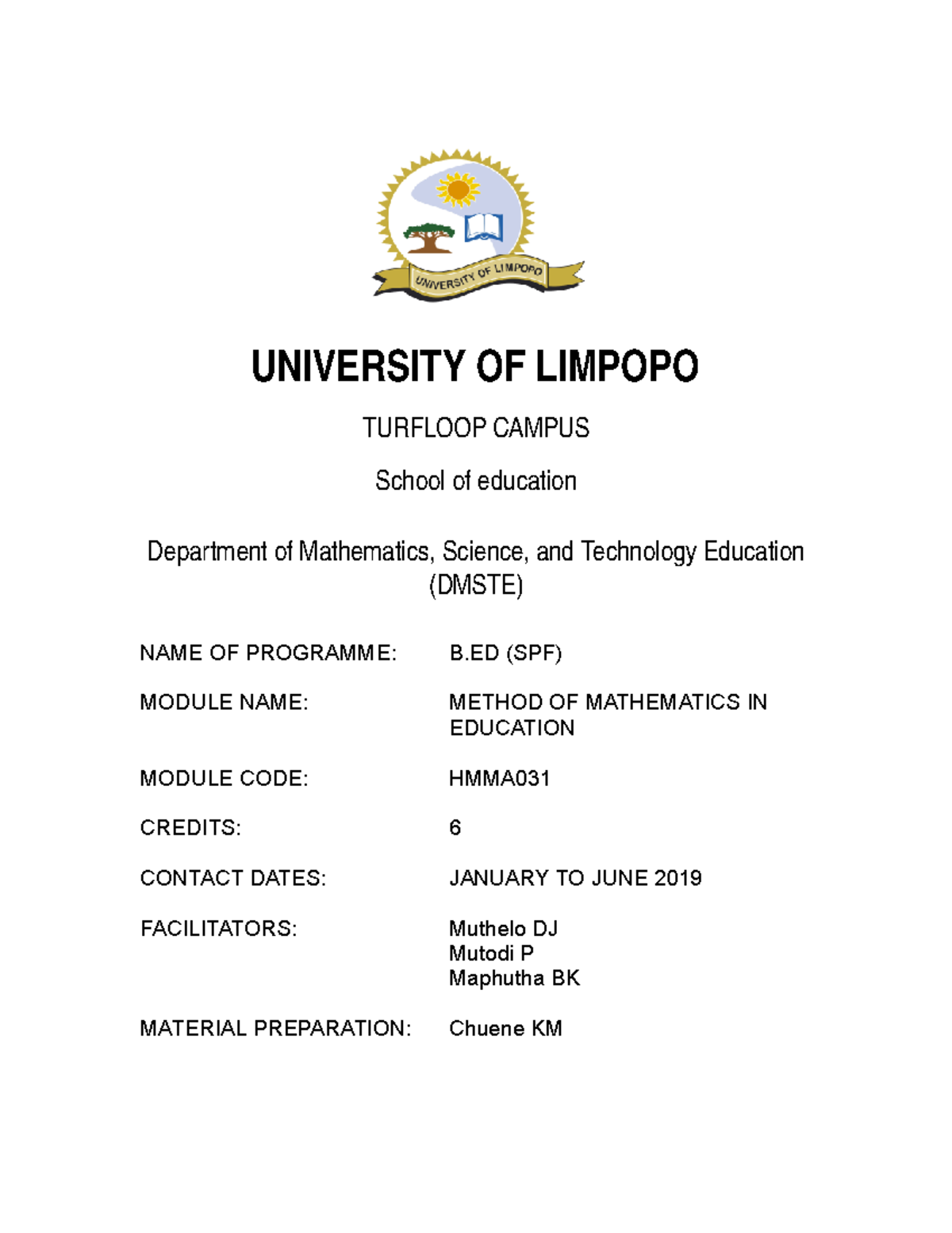 HMMA031 2019 Course Outline - UNIVERSITY OF LIMPOPO TURFLOOP CAMPUS ...