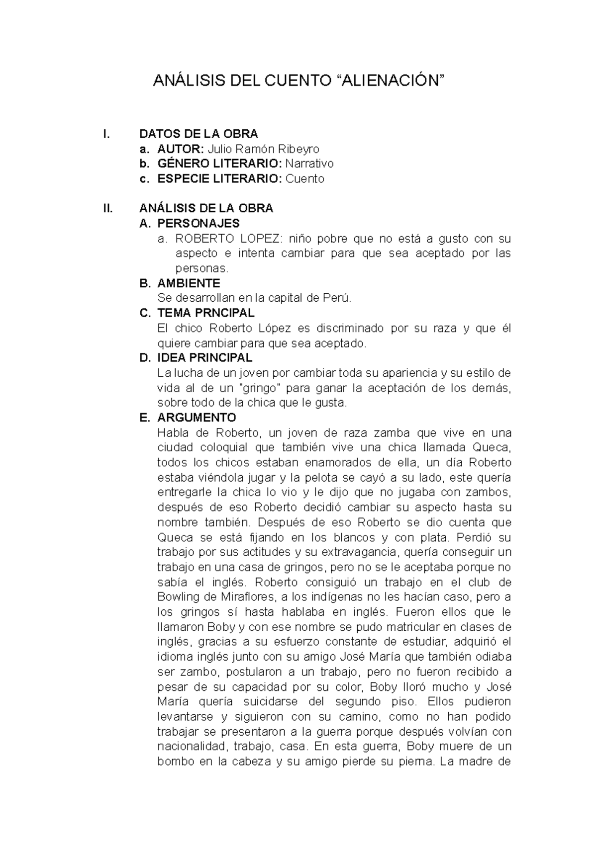 Análisis DEL Cuento Alienación - ANÁLISIS DEL CUENTO “ALIENACIÓN” I ...