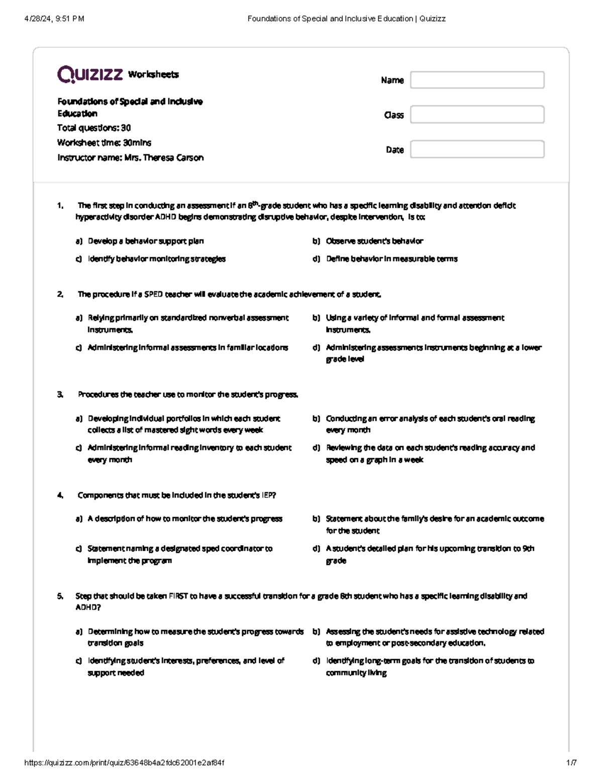 Foundations-of-Special-and-Inclusive-Education-Quizizz - Worksheets ...