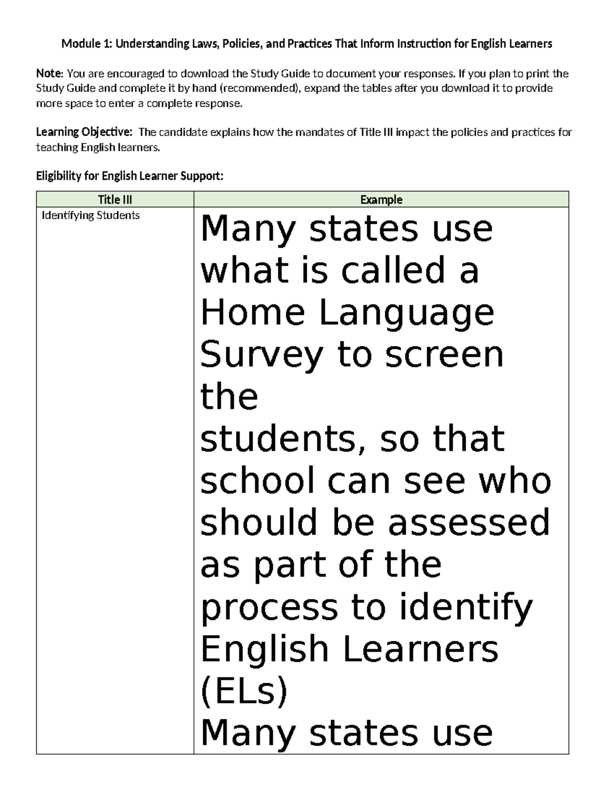 Module 1: Study Guide on Title III for English Learners - Module 1: Understanding Laws, Policies ...