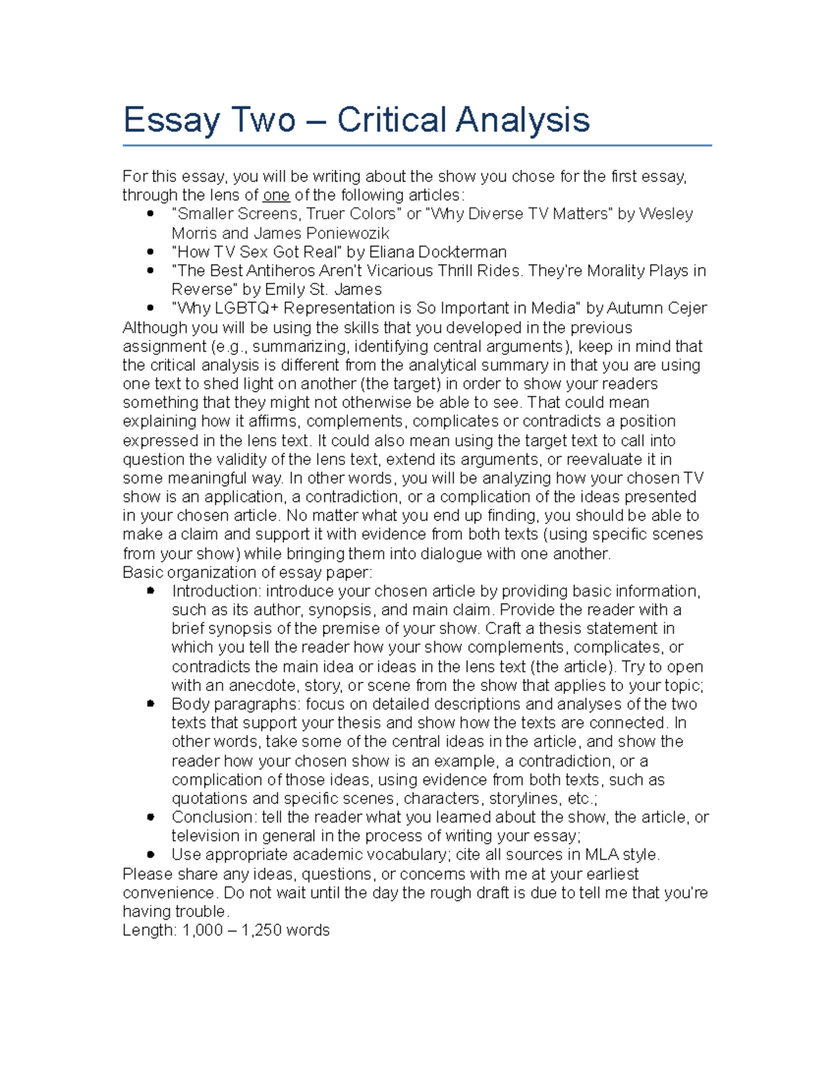 Essay 2 Critical Analysis - Essay Two – Critical Analysis For this ...