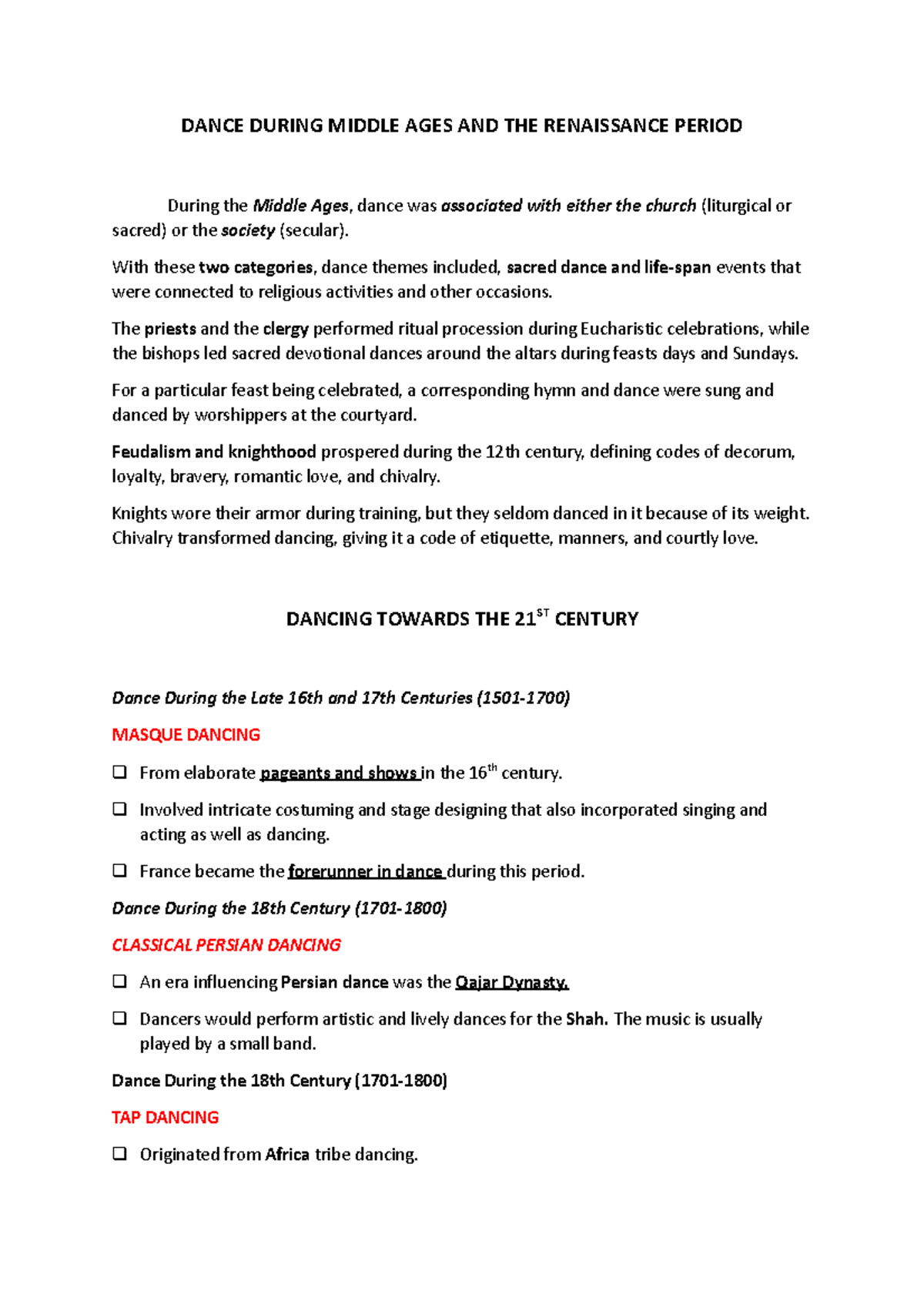 Dance During Middle AGES AND THE Renaissance Period - DANCE DURING ...