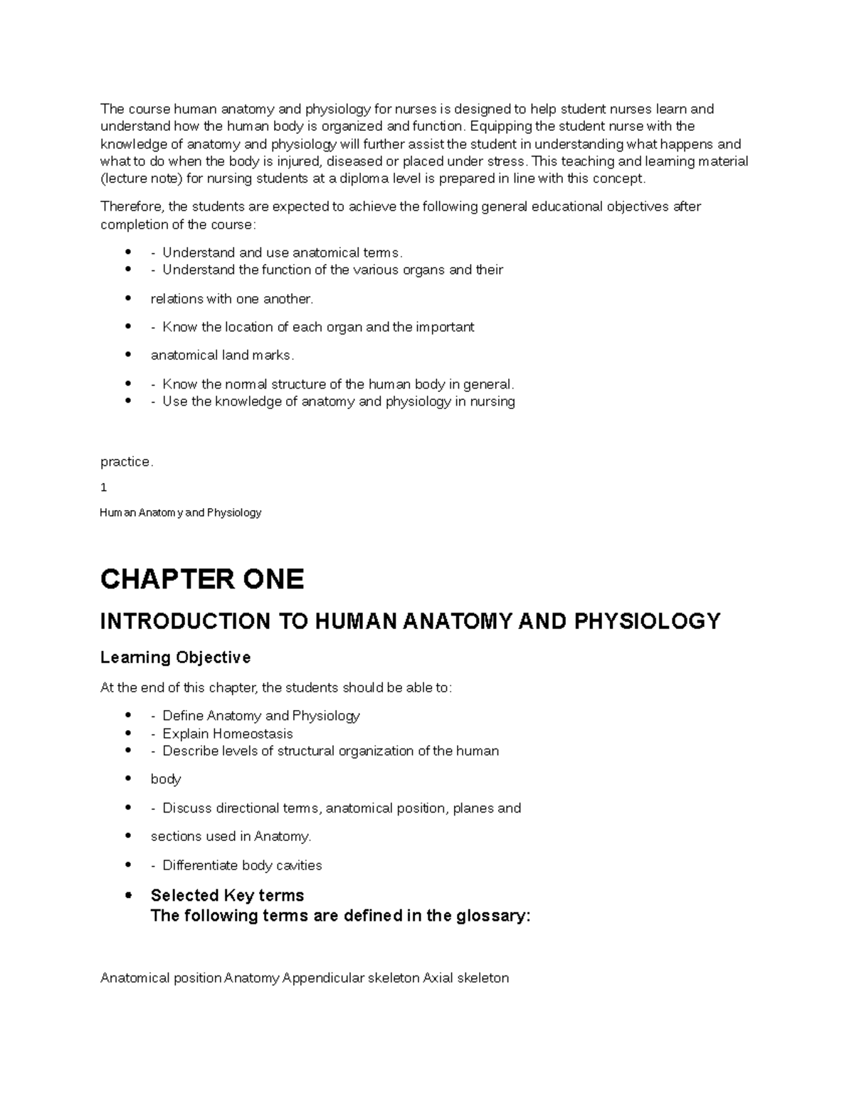 Anatomy notes 1 - The course human anatomy and physiology for nurses is ...
