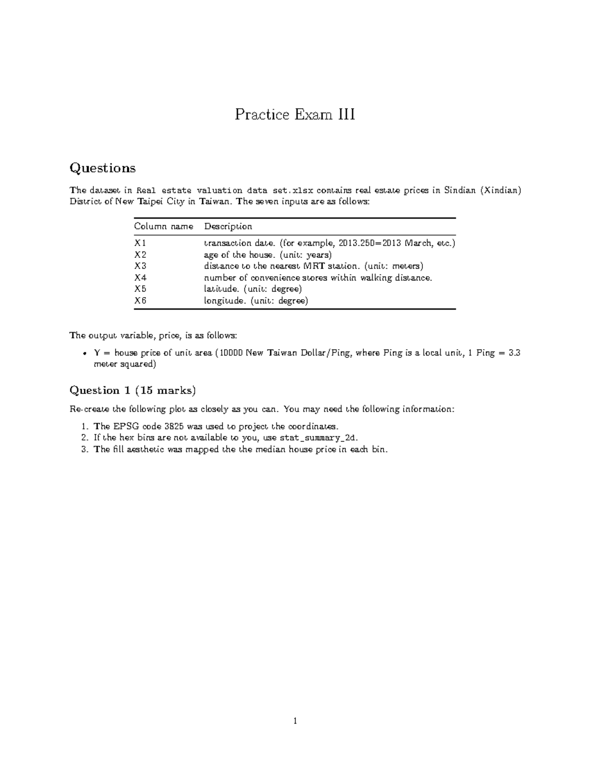 Final Practice Iii Practice Exam Iii Questions The Dataset Inreal Estate Valuation Data Set