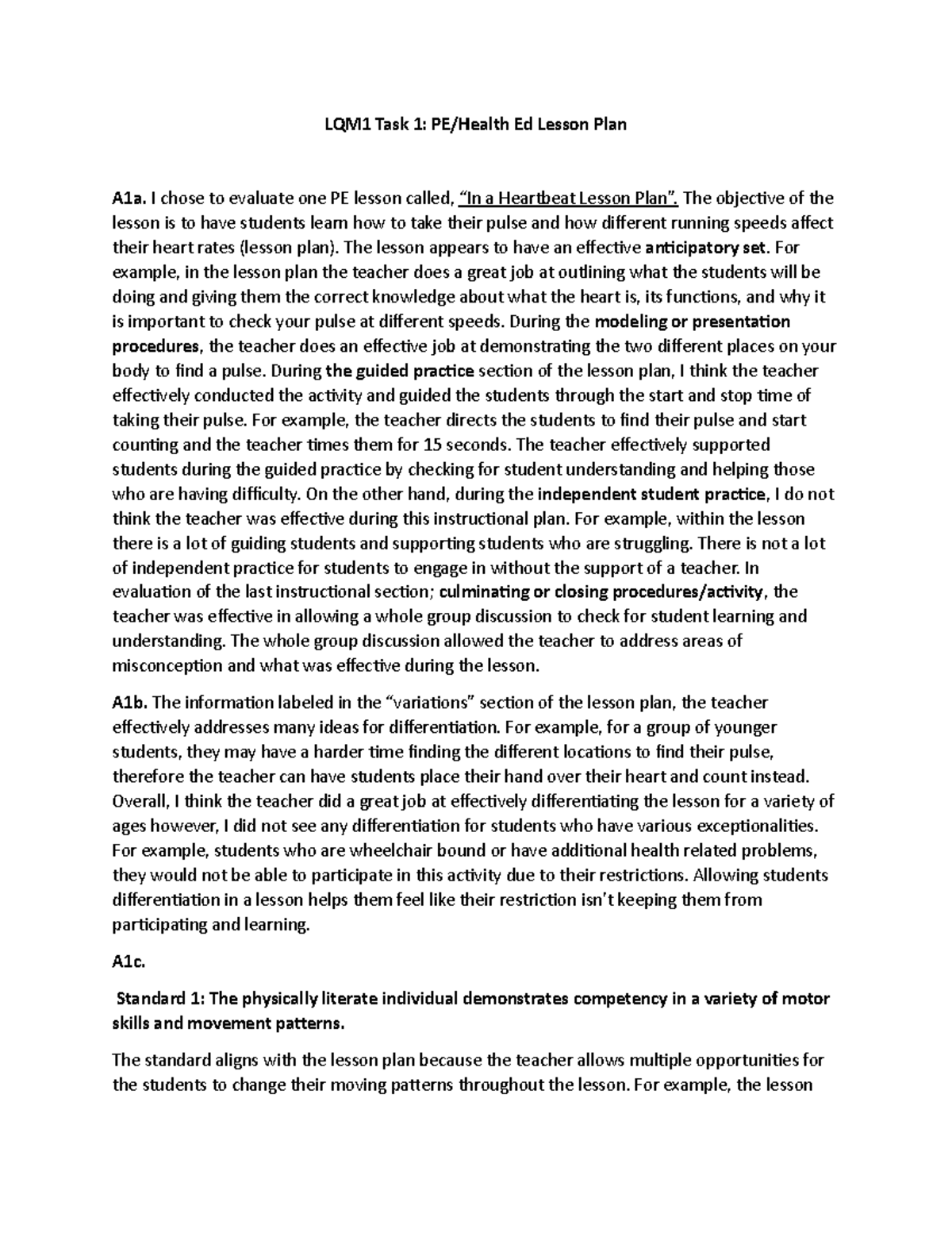 LQM1 Task 1 - Task 1 lesson plan - LQM1 Task 1: PE/Health Ed Lesson ...
