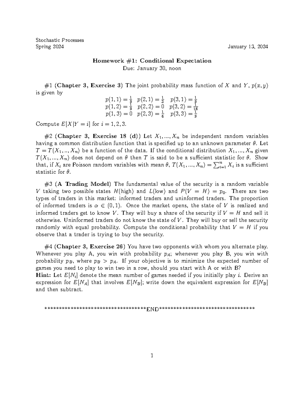 Homework 1 - stochastic processes - Stochastic Processes Spring 2024 January 13, 2024 Homework ...