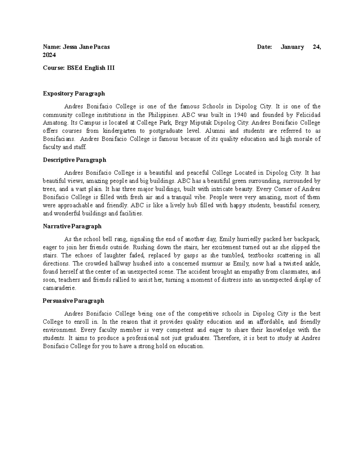 Types OF Paragraph - Name: Jessa Jane Pacas Date: January 24, 2024 ...