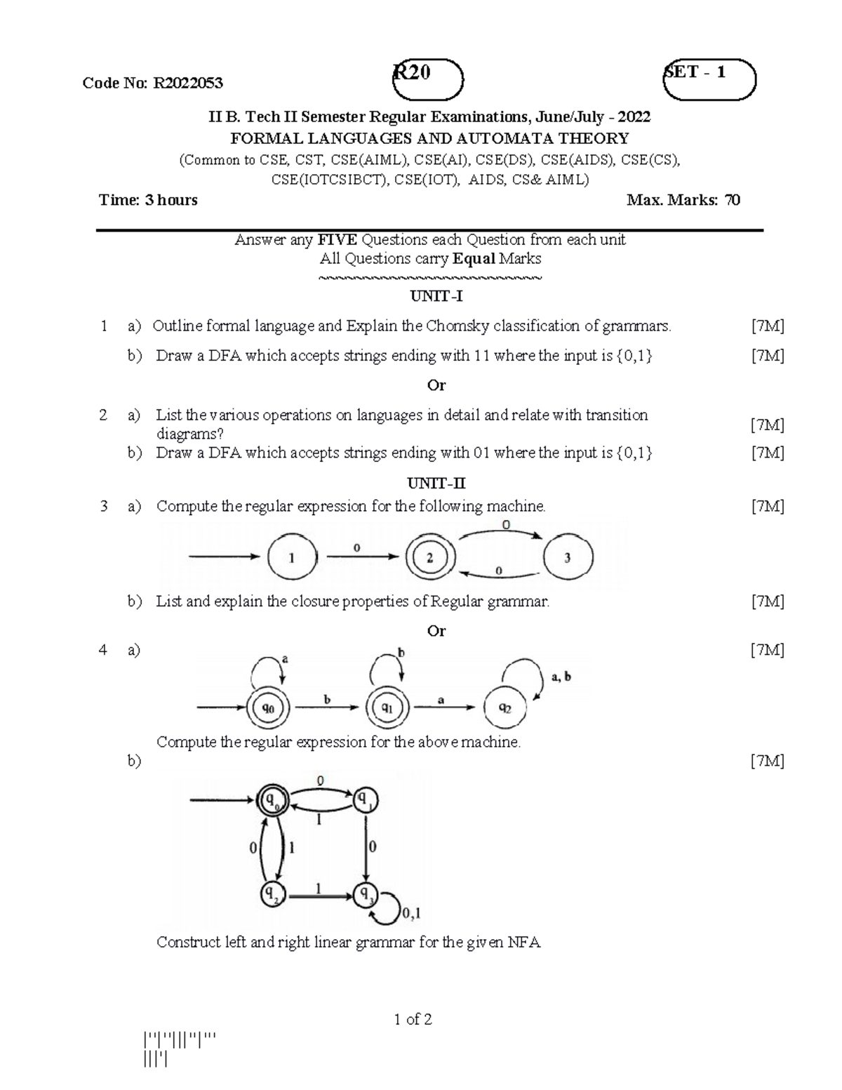 Formal Languages AND Automata Theory JUNE JULY 2022 - Code No: R II B ...