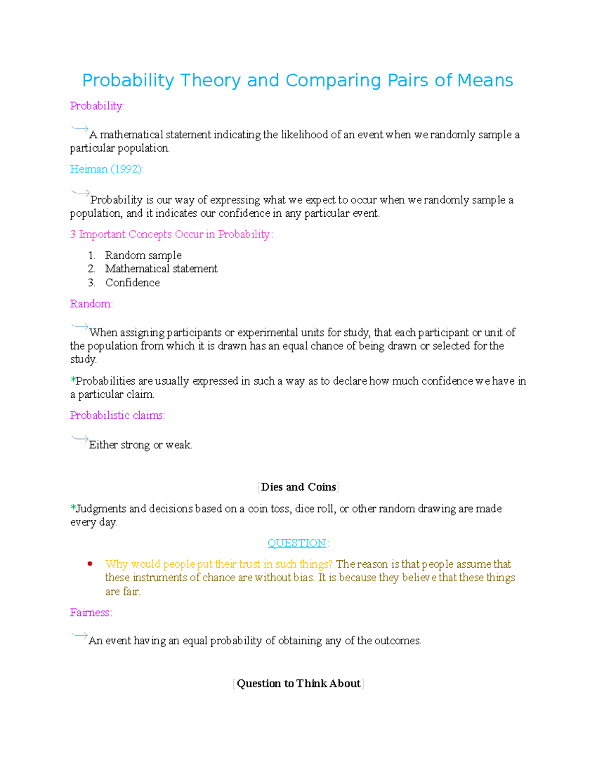 Probability Theory and Comparing Pairs of Means - Probability Theory ...