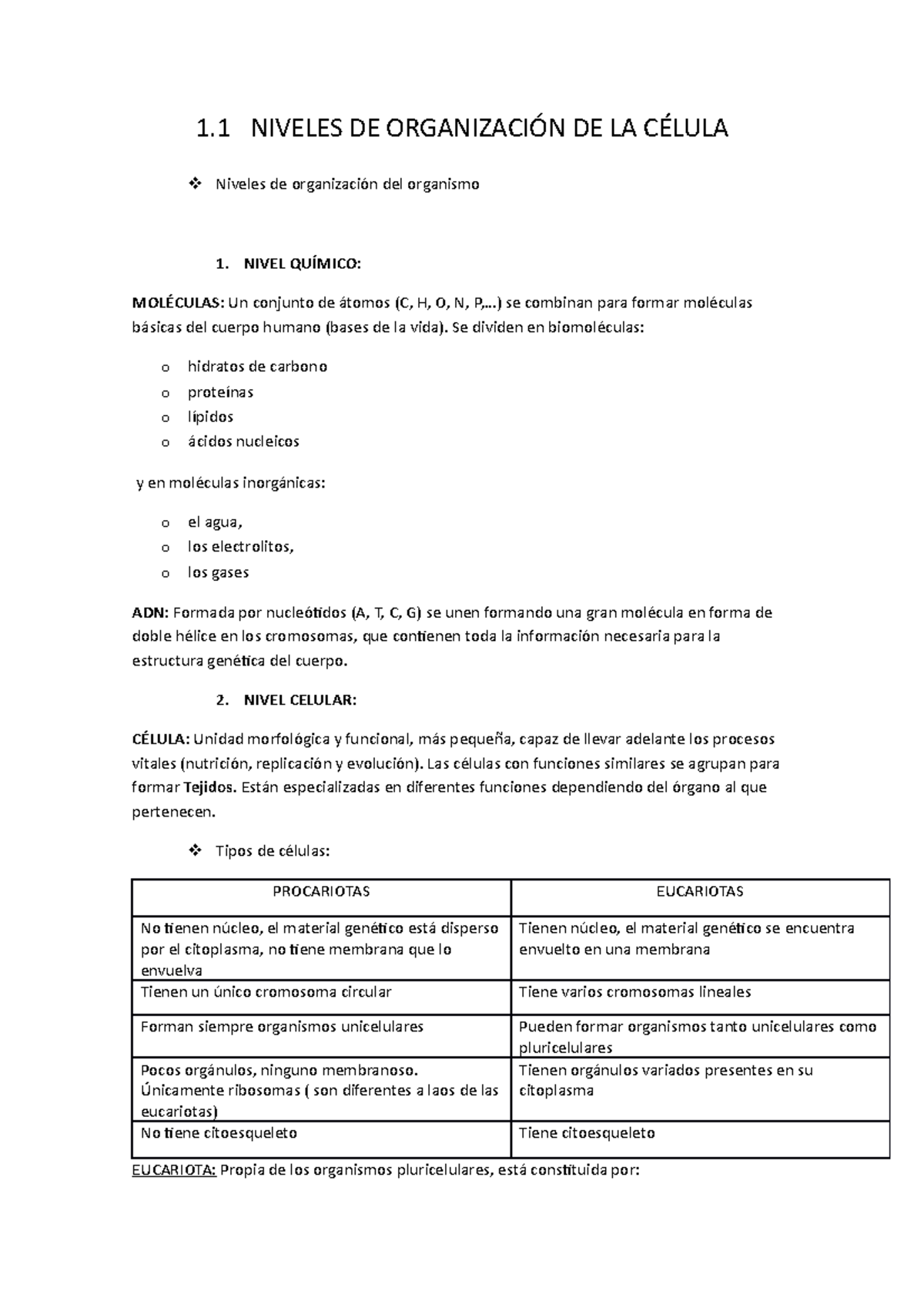 Niveles DE Organización DE LA Célula - 1 NIVELES DE ORGANIZACIÓN DE LA ...