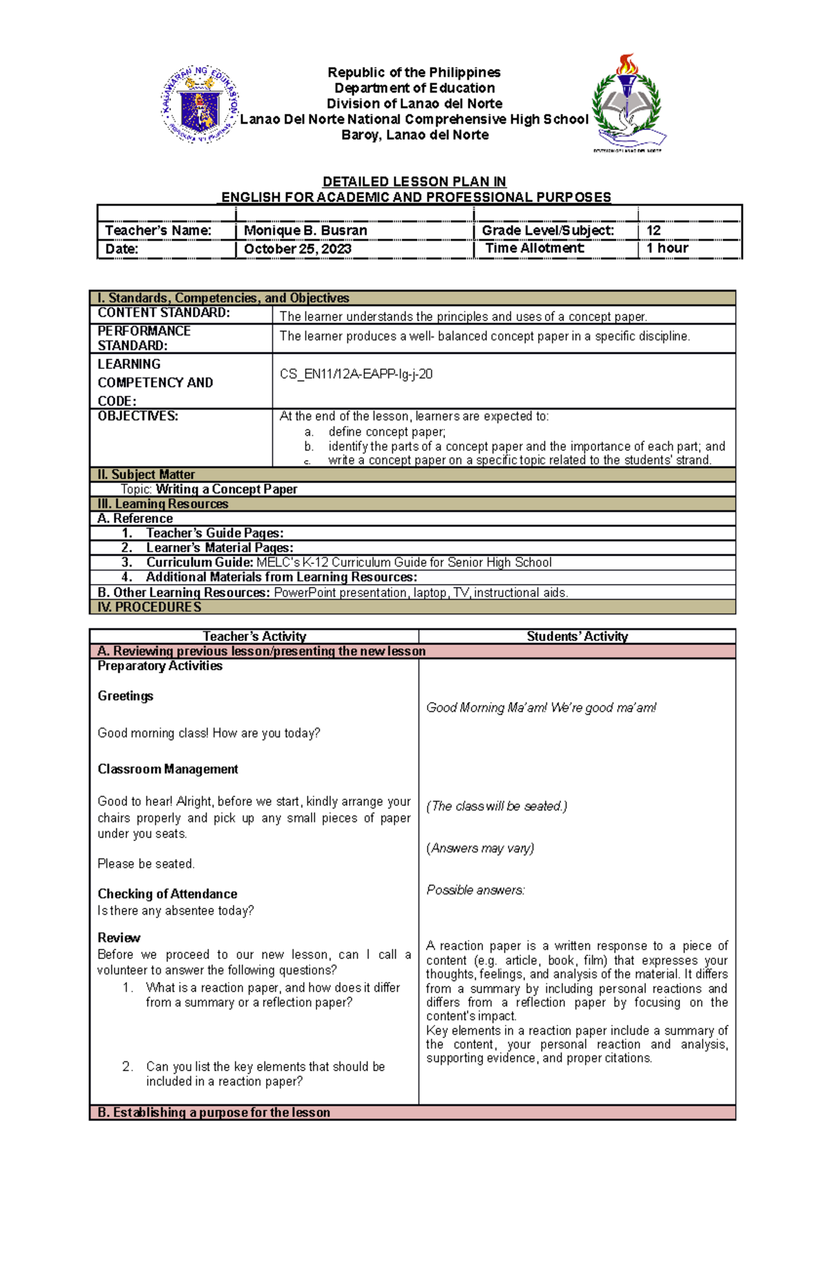 Busran, M. DLP - Lesson Plan - Republic of the Philippines Department ...